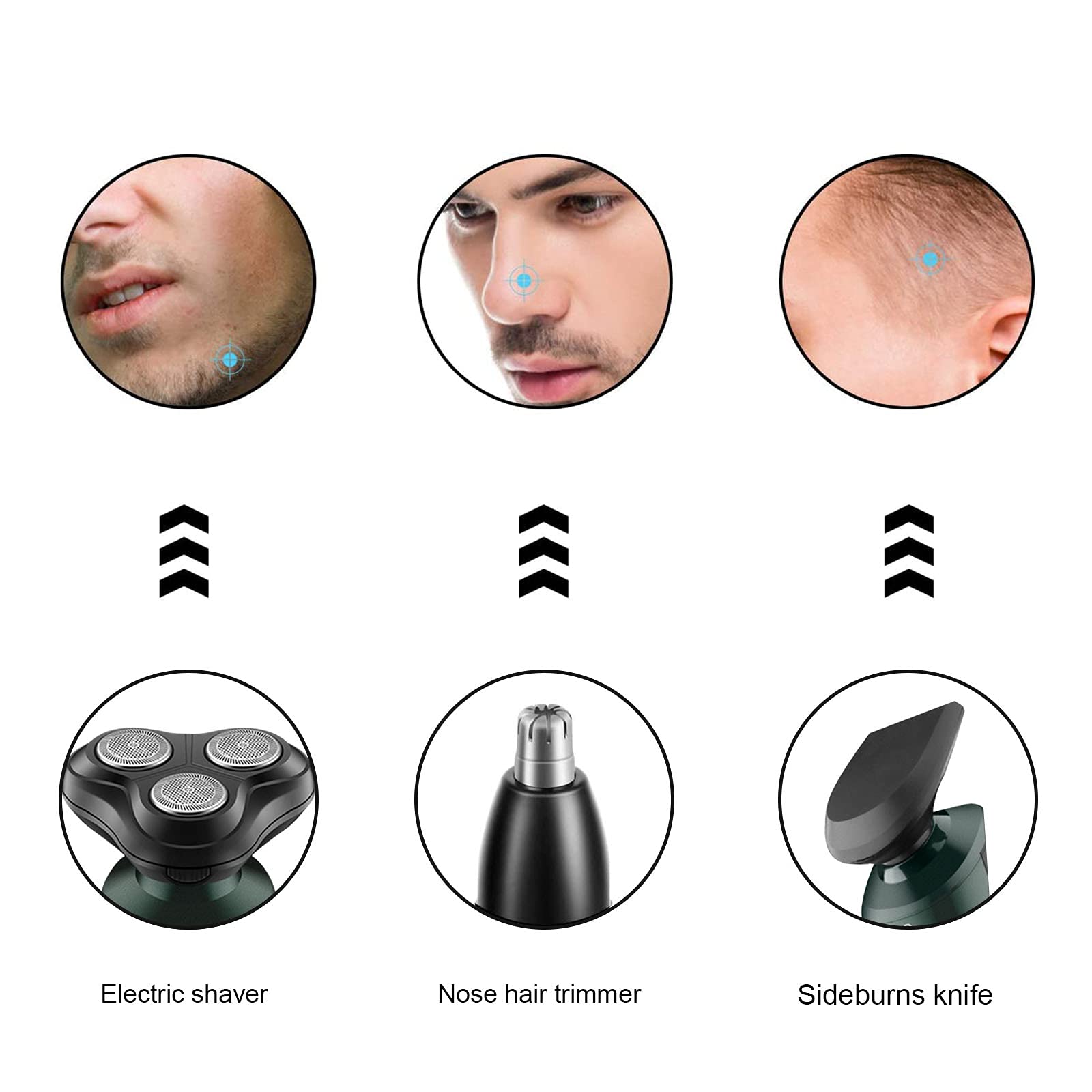 Mens Electric Shaver Washable Razor Multifunctional Beard Trimmer Rotary Shaver Cordless Sideburn Trimmer Nose Trimmer Wet Dry Shaver Waterproof USB Rechargeable 3 in 1(3 in 1)