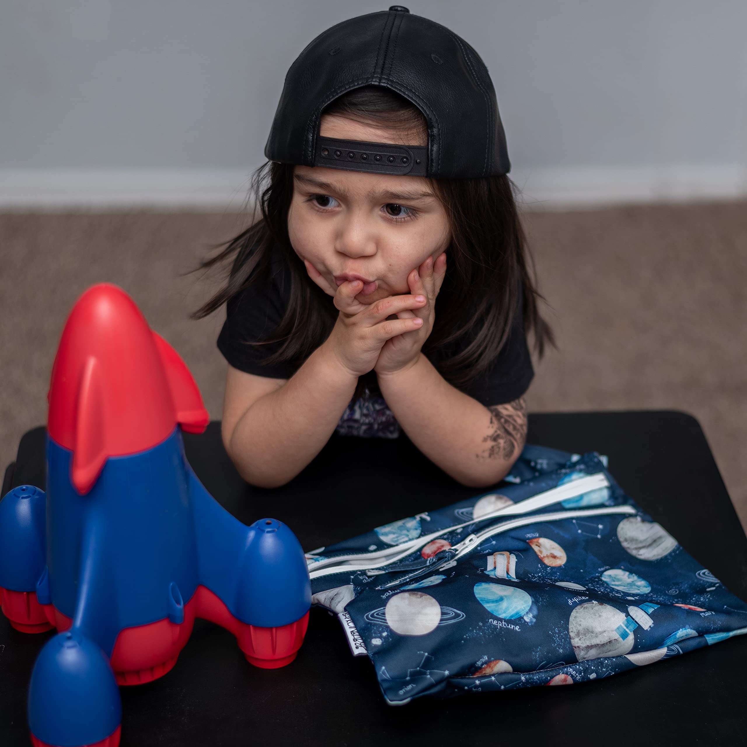 BapronBaby Outer Space Wet Dry Bag - Waterproof Two Zipper Pockets - Reusable for Mealtime, Diapers, Stroller, Snacks, Swimsuits - Machine Washable - 11" x 9"