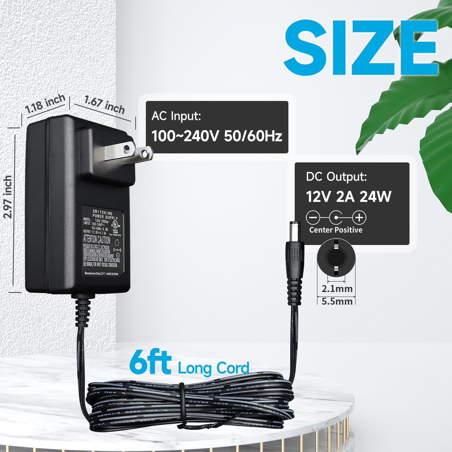12V 2A AC to DC Regulated Power Supply Adapter, 2000mA 24W AC Adapter for CCTV Security Camera Surveillance System DVR NVR LED Light Strip Router Razor Power Core Roku Media Player and More, UL FCC