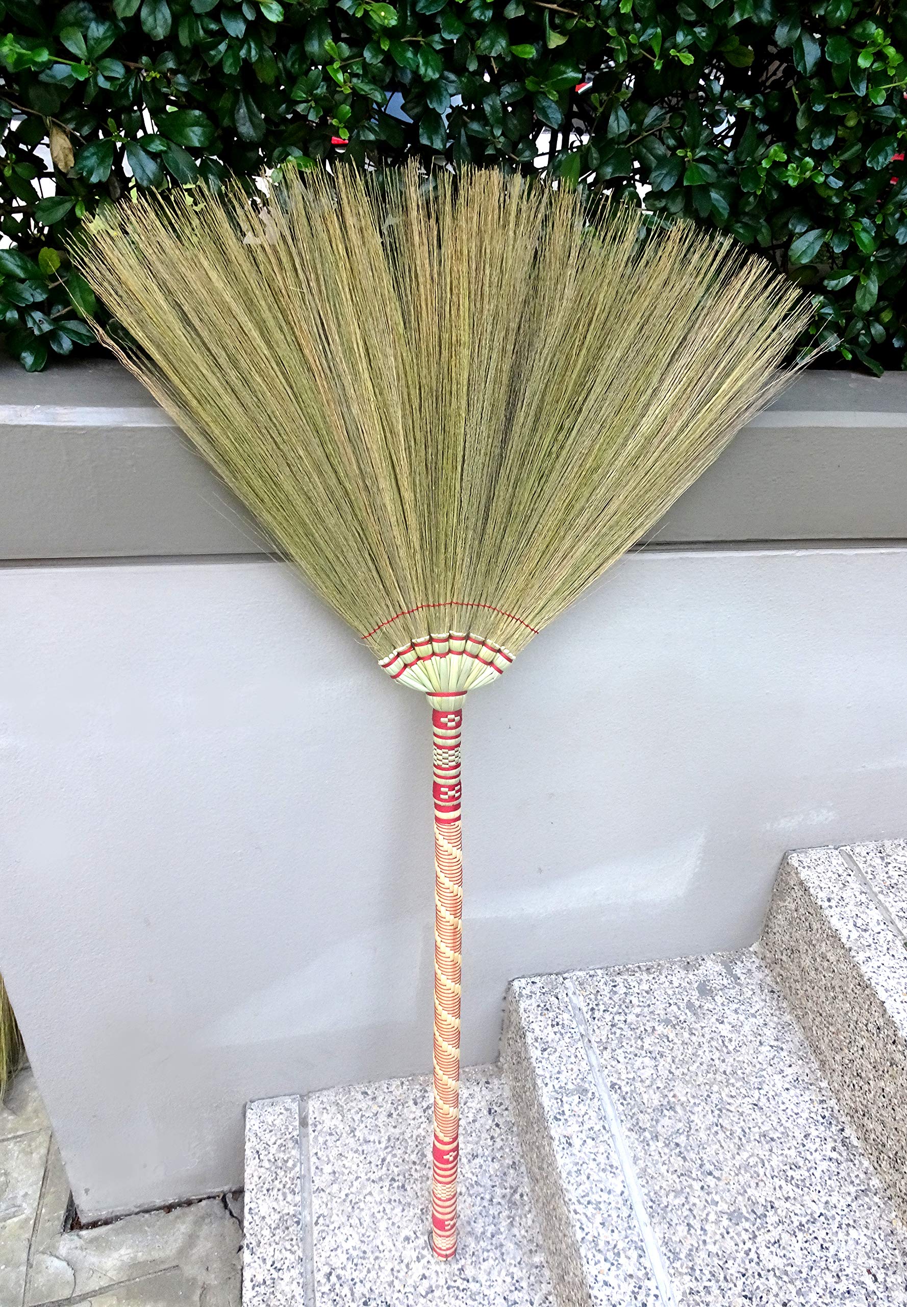 Asian Thai Handmade Broom ONE Piece Selected at Random for Sweeping Natural Grass & Wood Handle Corn Broom + 100% Calico Cotton Duster Cover (Various Styles and Colours as Pictured)