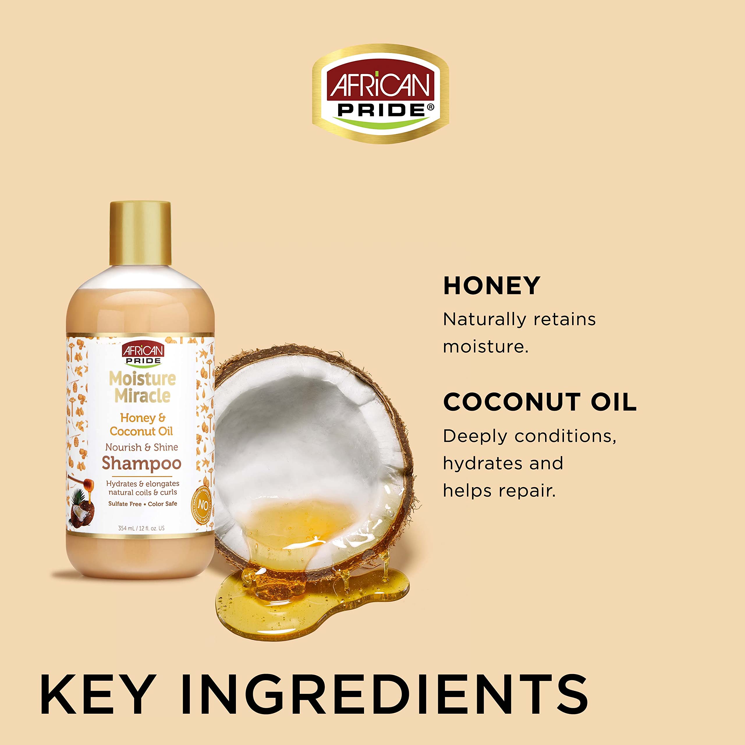 African Pride Moisture Miracle Honey & Coconut Oil Shampoo - For Natural Coils & Curls, Nourishes & Shines, Sulfate Free, Color Safe, 12 oz (3 Pack)
