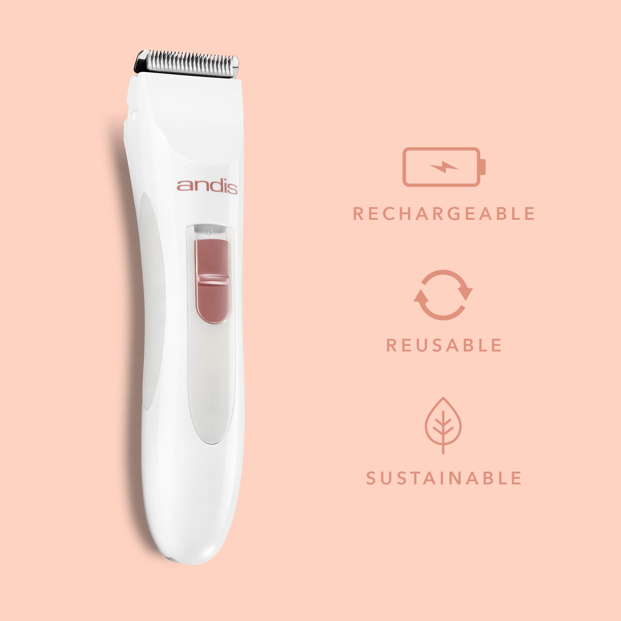 Andis 24630 Women's Personal Electric Trimmer - Detachable Stainless-Steel Blade - for Legs, Underarms Hair Removal - Rechargeable Cordless Slim Design - 6-Piece Kit, White