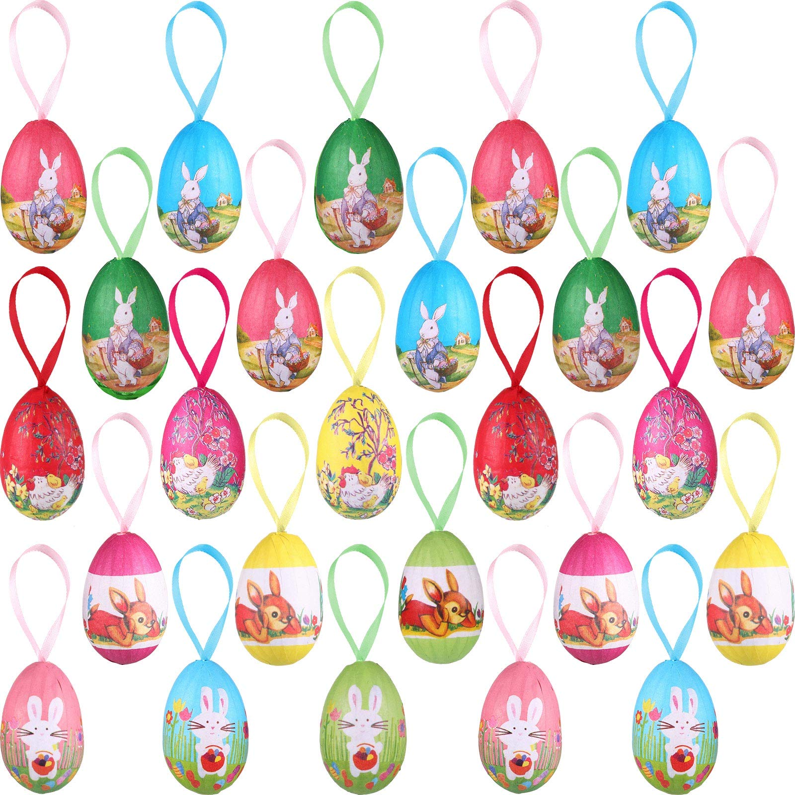 25 Pieces Paper Mache Egg Hanging Ornaments Easter Decoration, Foam Easter Bunny Hen and Egg Ornaments for Party Garden Home Decoration
