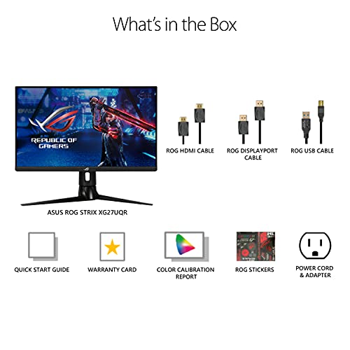 ASUS ROG Strix 27” 4K HDR 144Hz DSC Gaming Monitor (XG27UQR) - UHD (3840 x 2160), IPS, 1ms, Extreme Low Motion Blur, DisplayHDR 400, DCI-P3 90%, G-SYNC Compatible, Eye Care, DisplayPort, HDMI, USB 3.0