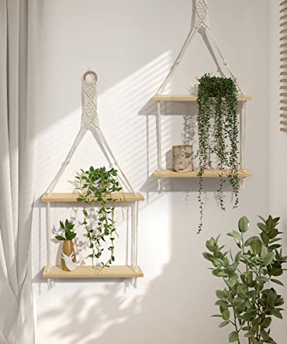 Afuly Macrame Hanging Shelves Wall Floating Shelf Natural Wood Chic Boho Decor 2 Tiers Pine Wood Cotton Rope Beige for Bedroom Bathroom Living Room Decor Ready to Hang, Beige