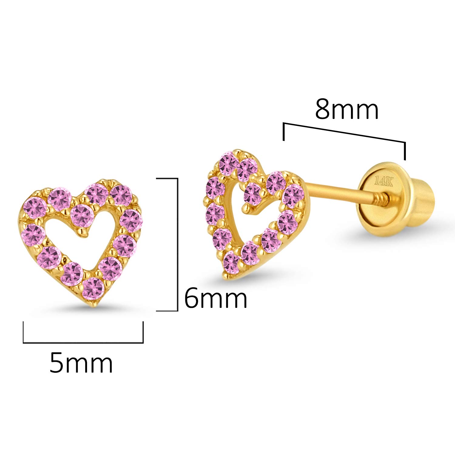 14k Yellow Gold Pink Oct Heart Cubic Zirconia Children Screwback Baby Girls Earrings