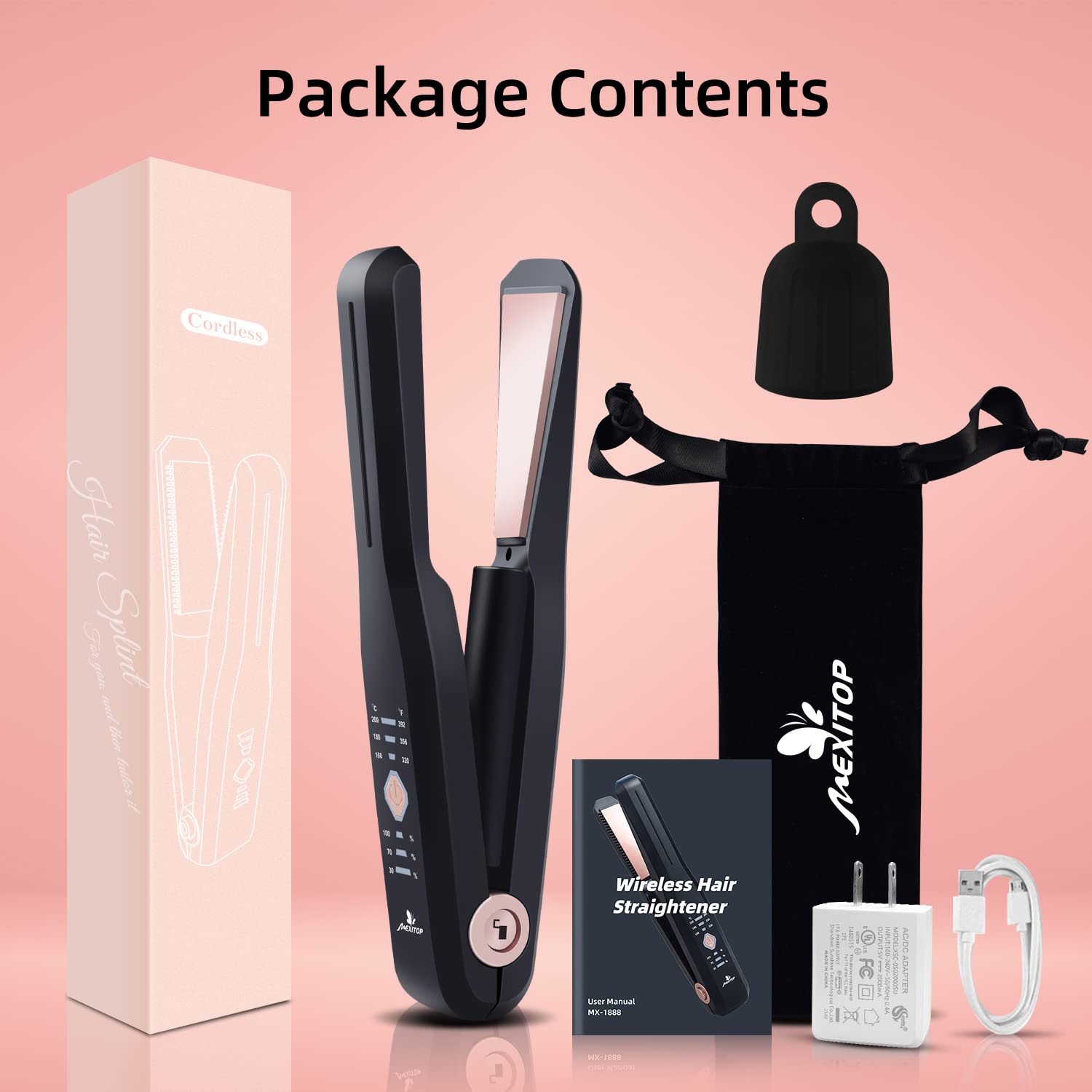 MEXITOP Cordless Hair Straightener and Curler 2 in 1 - USB Rechargeable with Adapter Multi-Styler Twist Ceramic Flat Iron, Mini Portable Hair Modeling Tool Lasts 40-Minutes, 3 Levels Adjustable Temps