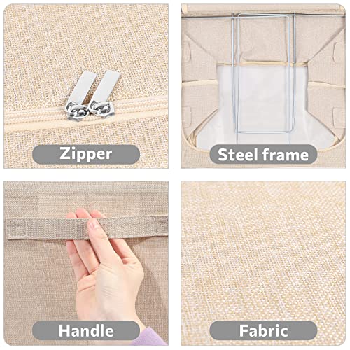 3 Pack Clothes Storage Bins - Foldable Metal Frame Storage Box - Stackable Linen Fabric Organizer Set with Carrying Handles and Clear Window (Beige, 15.7x11.8x11.8inch(36L))