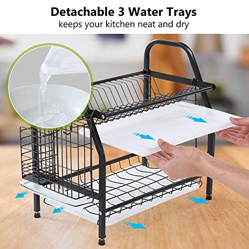 1Easylife Dish Drying Rack, 2 Tier Dish Rack Stainless Steel with Utensil Knife Holder and Cutting Board Holder Dish Drainer with Removable Drain Board for Kitchen Counter Organizer Storage