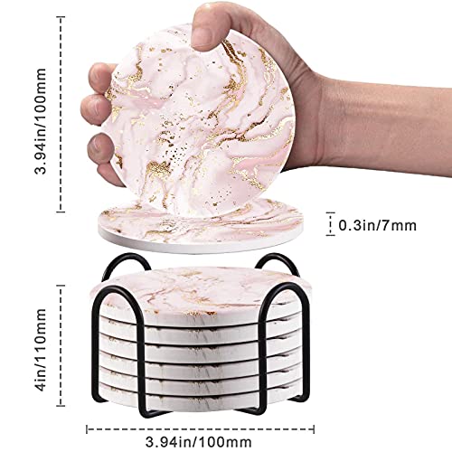 Lahome Pink Coasters for Drinks Absorbent with Holder,Set of 6 Marble Pattern Ceramic Stone Coaster Set with Cork Backing for Mugs Cups Wooden Coffee Table Protection,4 Inches