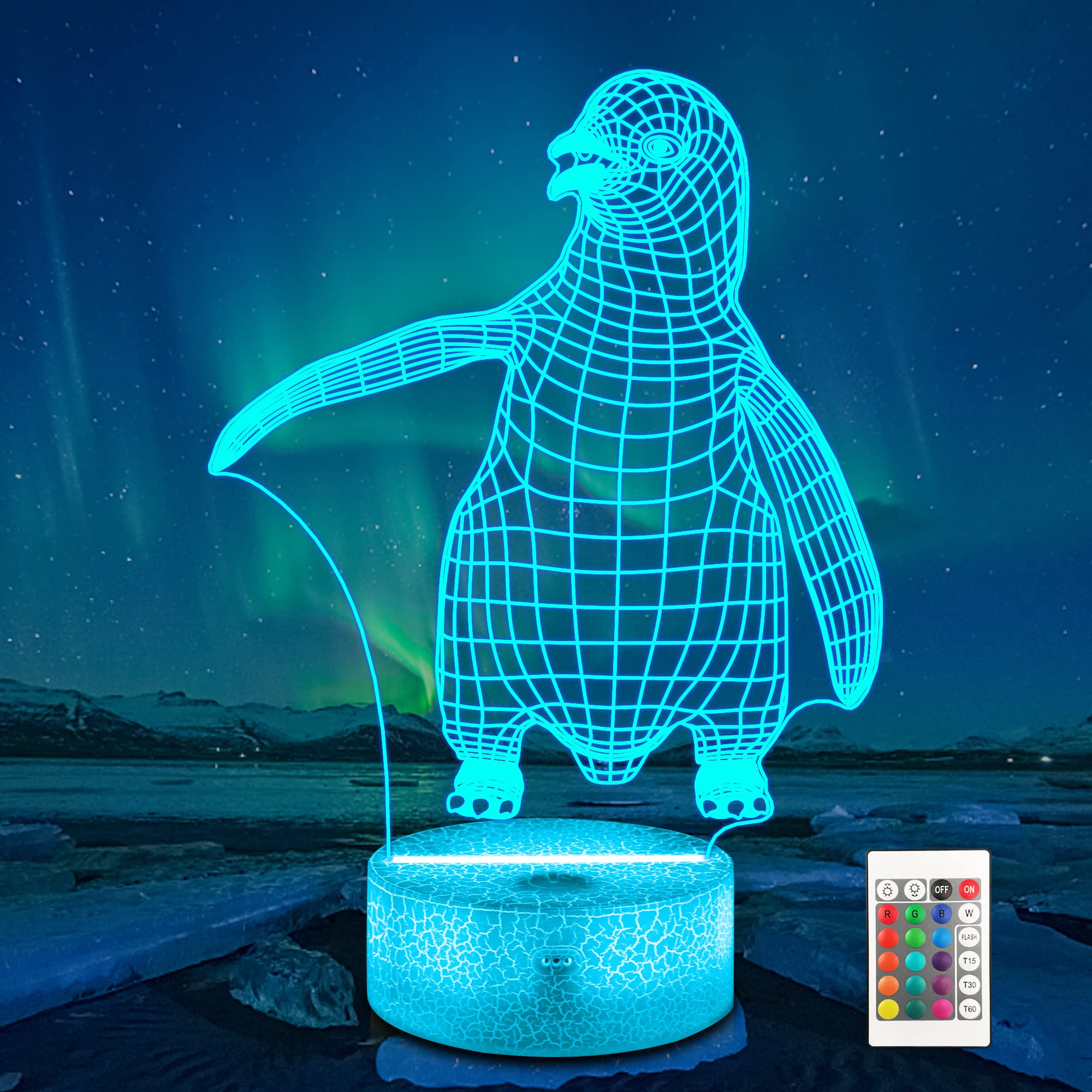 Ammonite Penguin Night Light, 3D Lamp 3D Illusion Light Animals Lamp for Kids 16 Colors Changing with Remote and Timer, Kids Bedroom Decor as Xmas Holiday Birthday Gifts for Boys Girls