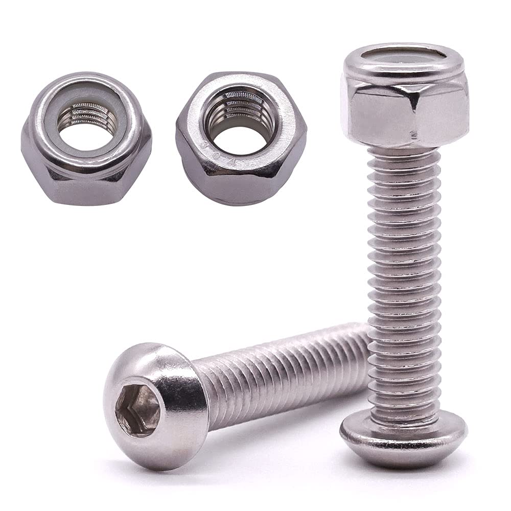 3/8-16 x 3 (10 Sets) Stainless Steel Button Head Socket Cap Screws with Hex Locknuts with Nylon Insert, Stainless Steel 304 (18-8), Full Thread, Allen Hex Drive