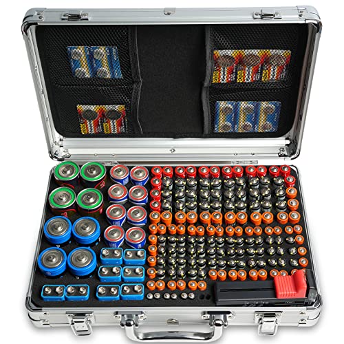 Deluxe Hard Aluminum 200 Battery Storage Organizer case with tester, Safe Fireproof Batteries container holder caddy box with handheld checker, hold 60 AA, 86 AAA, 8 C, 8 D, 8 9V Batteries(no battery)
