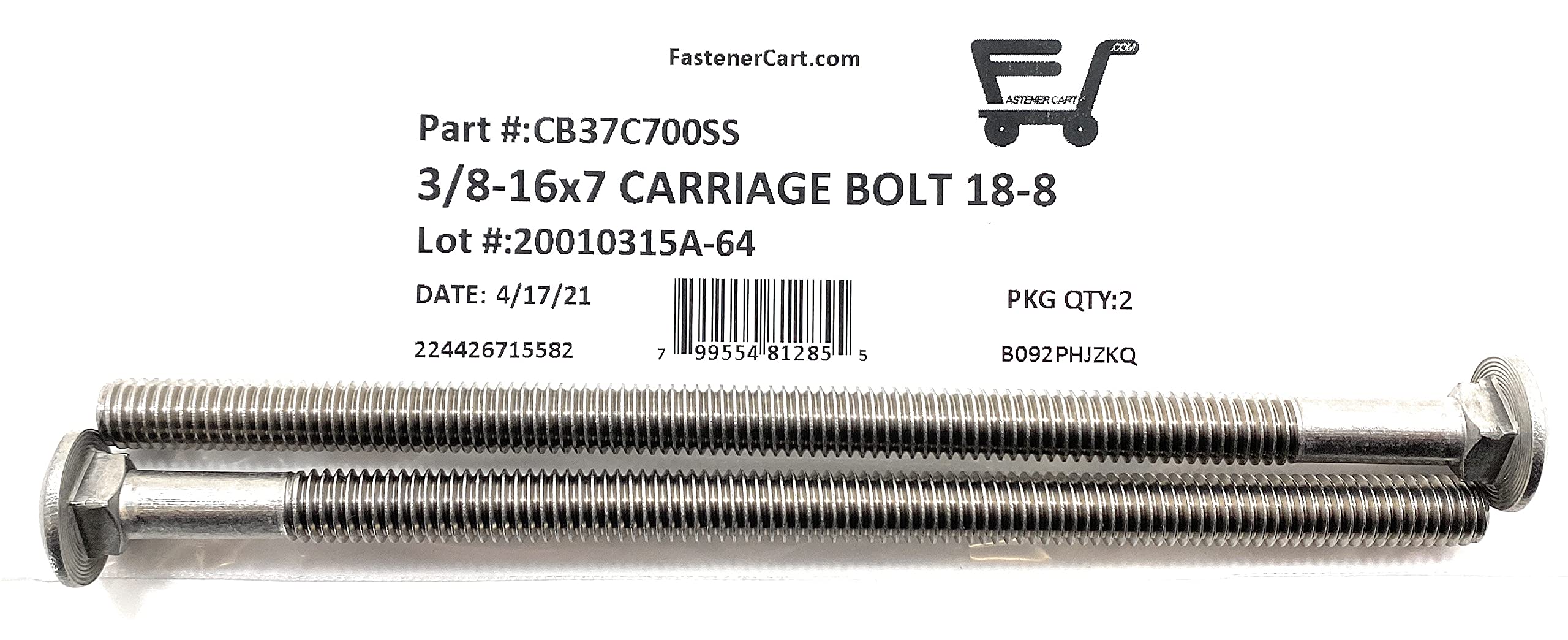 3/8-16 x 7 Carriage Bolts Stainless Steel 18-8 (2 Pieces)
