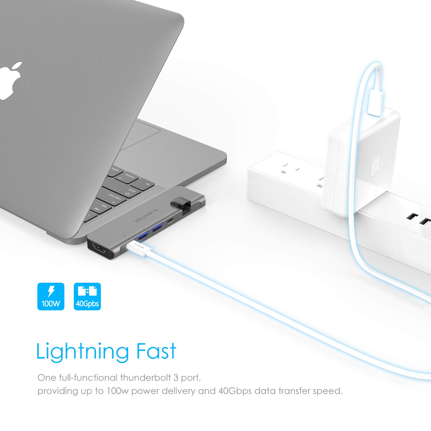 LENTION USB C Hub with Thunderbolt3(PD+Data Transfer+Video Output), 4K HDMI, USB 3.0, Gigabit Ethernet Mac Adapter Compatible 2016-2023 MacBook Pro, Mac Air(CS65, Dark Gray)