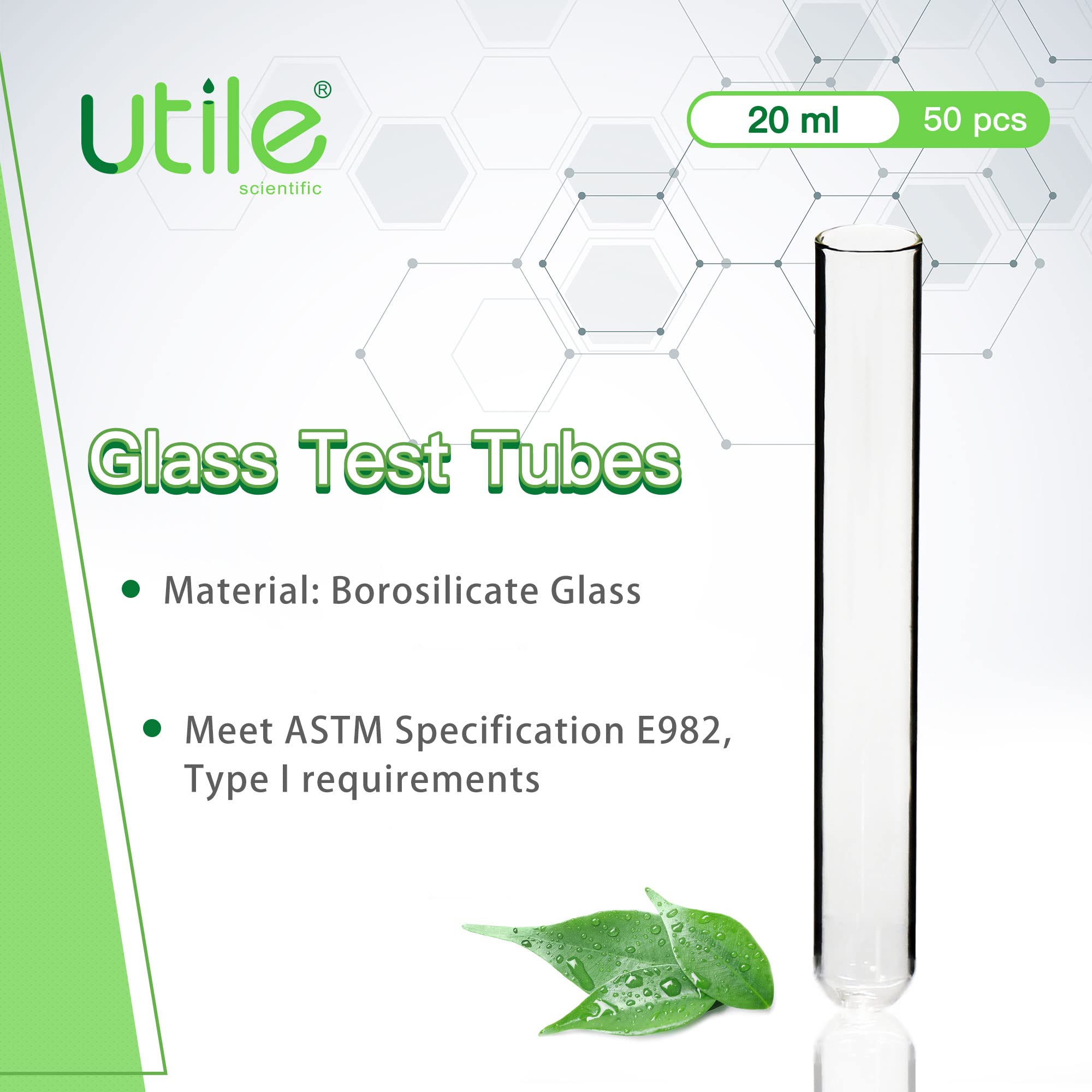 Utile 50pcs of Plain Cylindrical Glass Test Tubes, Vol.20ml, 20x150mm, Medium Borosilicate Glass Material, 4004.0135.50