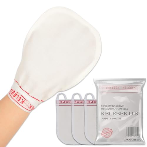 Kelebek Premium Natural Exfoliating Gloves, Turkish Hammam Kese, Original Exfoliating Mitt, Body Scrub for Men and Women (Cream White 4 Pack (Medium))