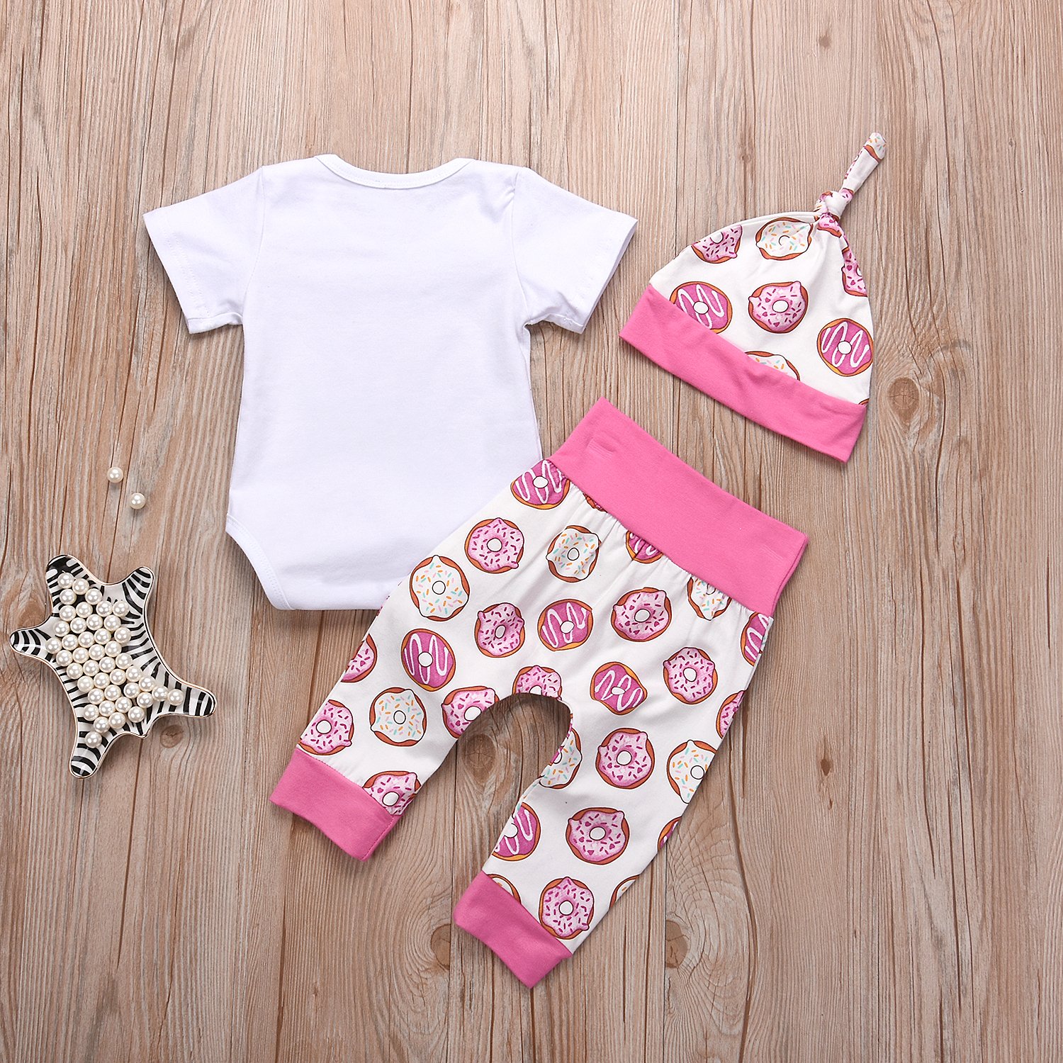 3Pcs/Set Newborn Baby Girls Outfit Auntie Bodysuit Romper with Headband+Donuts Long Pants Clothes Set (Pink, 0-6M)