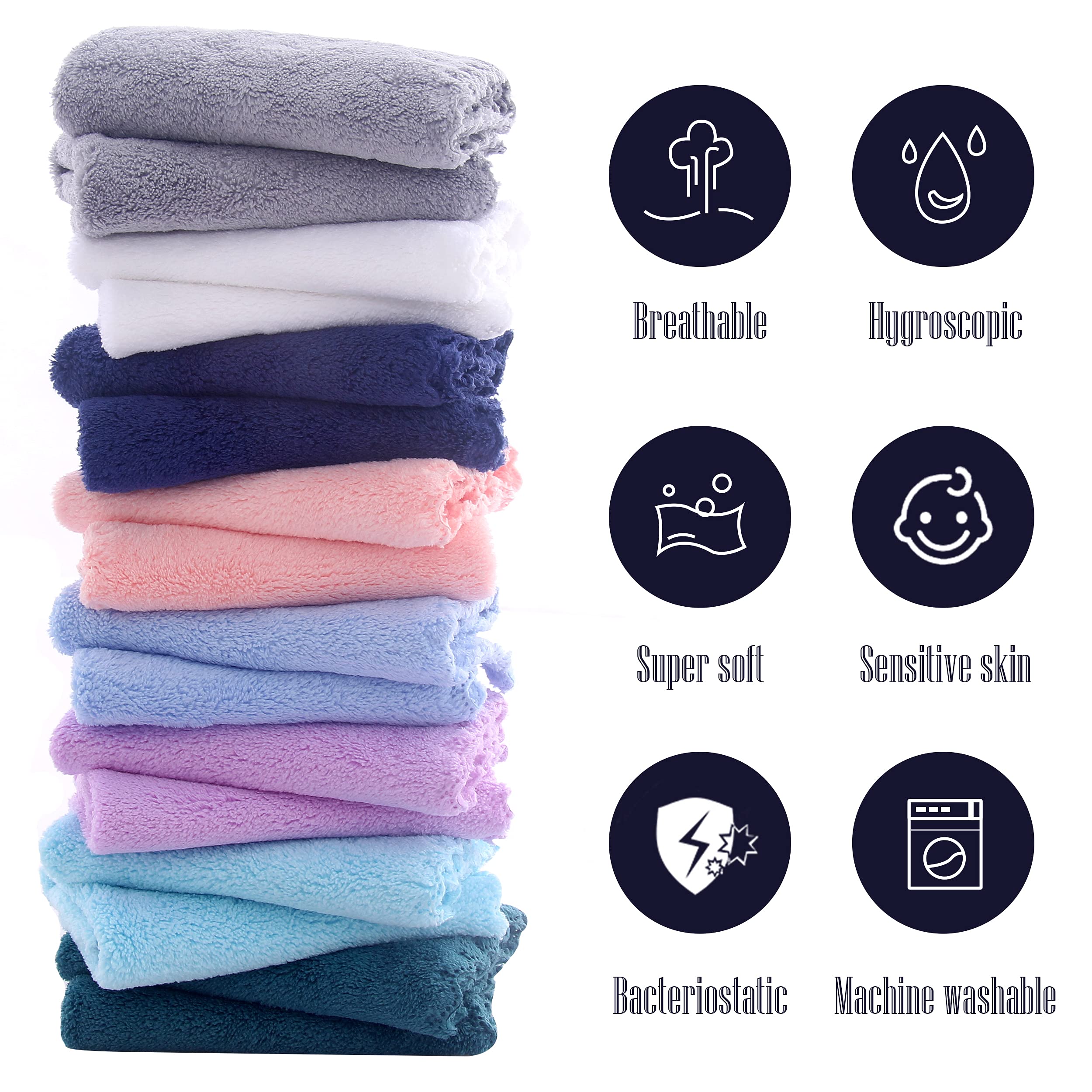 16 Count Premium Makeup Remover Cloths- Super Soft Not Wear Skin - 8×8 Inches - Highly Absorbent Microfiber Coral Velvet Fingertip Face Towels Washcloths for Hand and Make Up, Quick Dry- Multicolor