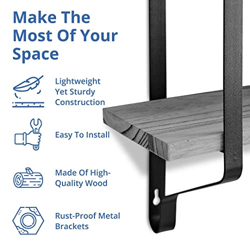 Halter Floating Shelves, 2 Tier Wall Mounted Shelves, Heavy Duty Brackets, Industrial Wood, Mounted, Above Toilet Bathroom Shelves, Bathroom Hanging Shelves with Curved Brackets, Medium, Grey Wood