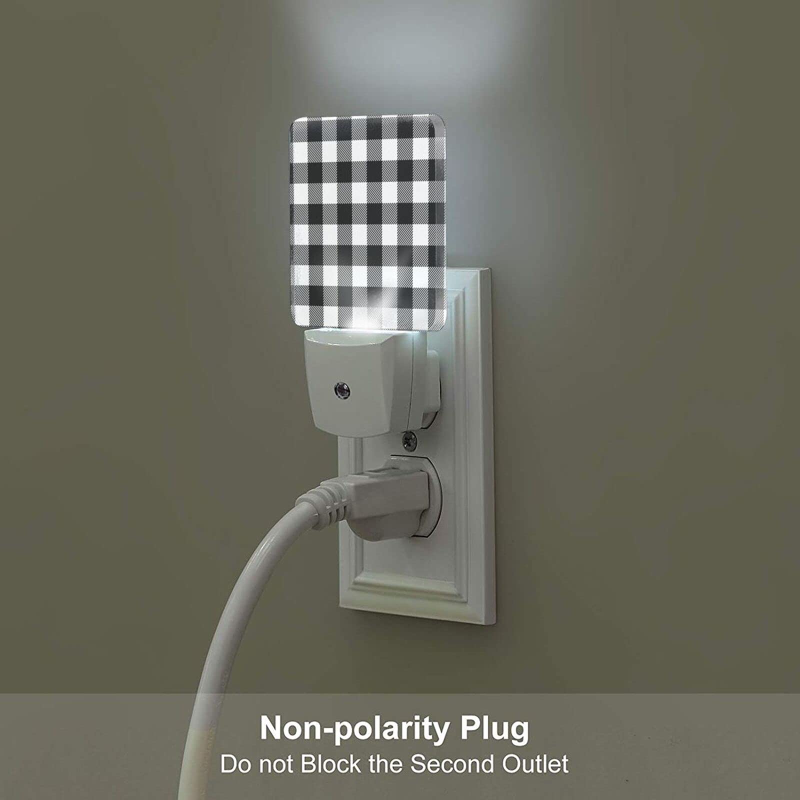 Night Light 2 Pack White and Black Buffalo Check Plaid Classic Led Lamp Plug in Wall Auto Dusk to Dawn Sensor Nightlight Decorative Bedroom, Toilet, Kids Room, Nursery, Hallway, Stairway, Bathroom