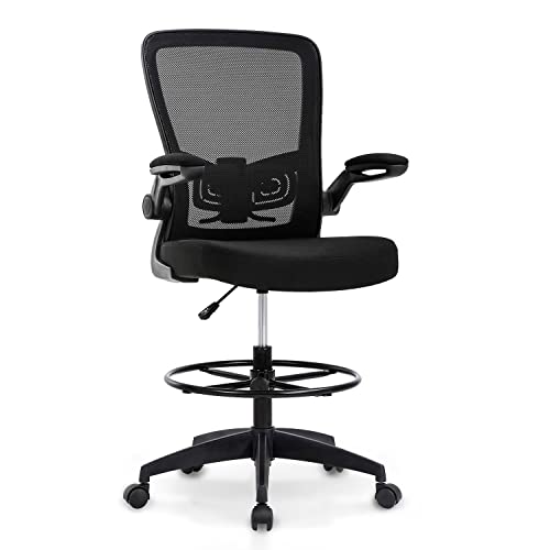 Drafting Chair Tall Office Chair Ergonomic Computer Desk Mid Back Mesh Chair with Lumbar Support & Foot Ring Height Adjustable Rolling Swivel Drafting Stool Task Executive Chair for Standing Desk