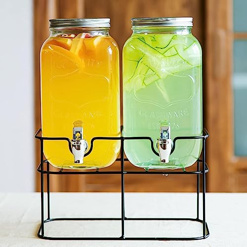 2 Pack Drink Dispenser with Stand Beverage Dispenser Each 1 Gallon Glass Drink Dispensers for Parties Lemonade Sangria Dispenser Mason Jar Drink Dispensers