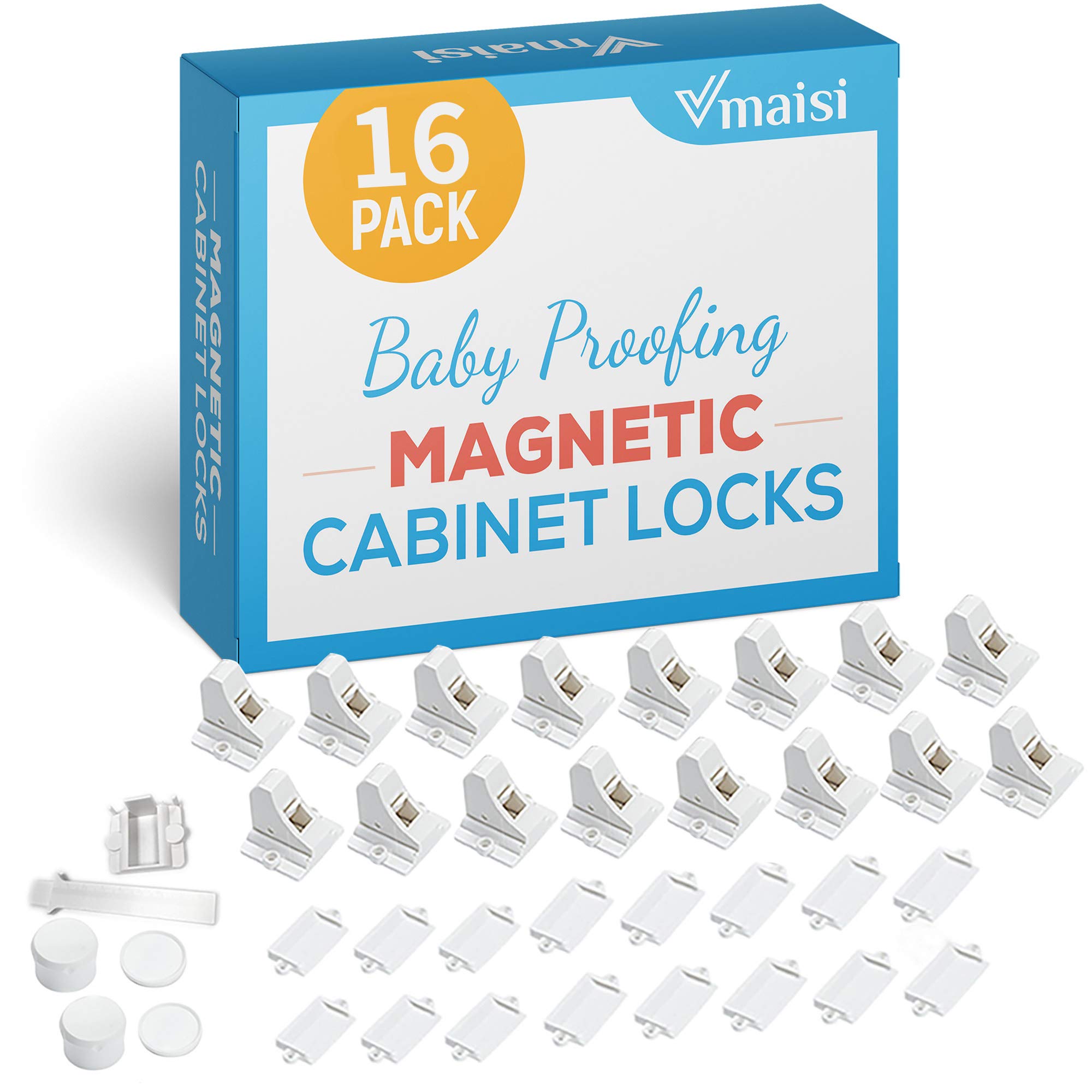 16 Locks Magnetic Cabinet Locks - 3 Magnet keys bundle with Extra Child Proof Replacement Magnet Key