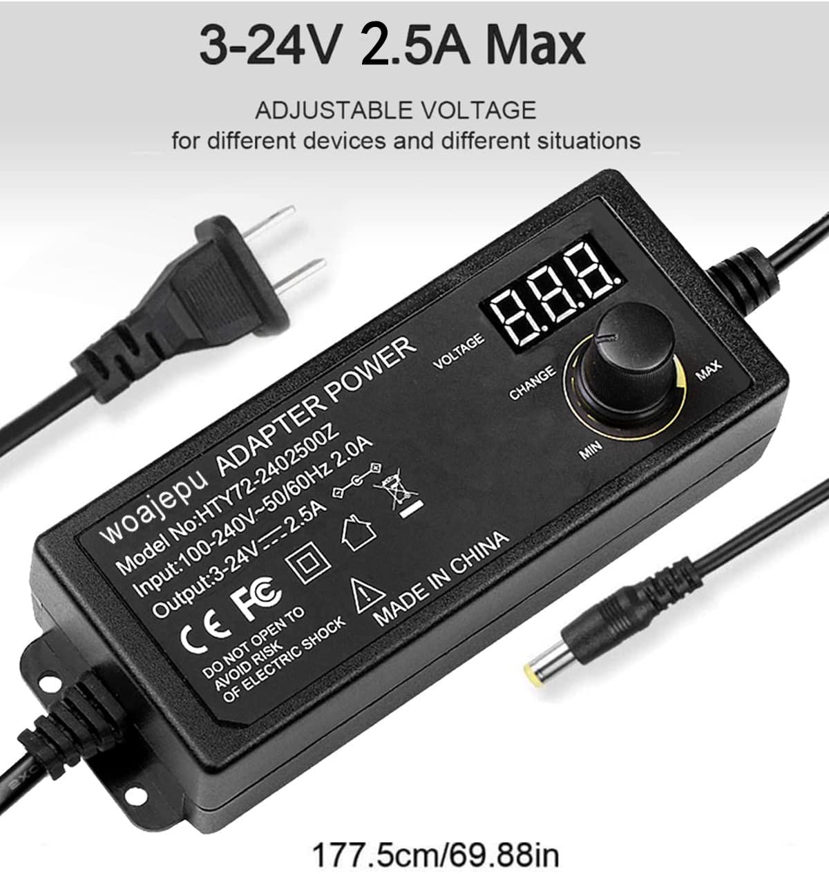 3V ~ 24V 2.5A 60W Power Supply with Volt Diaplay Adjustable DC 3V 5V 6V 9V 12V 15V 16V 18V 19V 20V 24V Variable Universal AC/DC Adapter 100V-240V AC to DC Converter with 8 Selectable Adapter Tips
