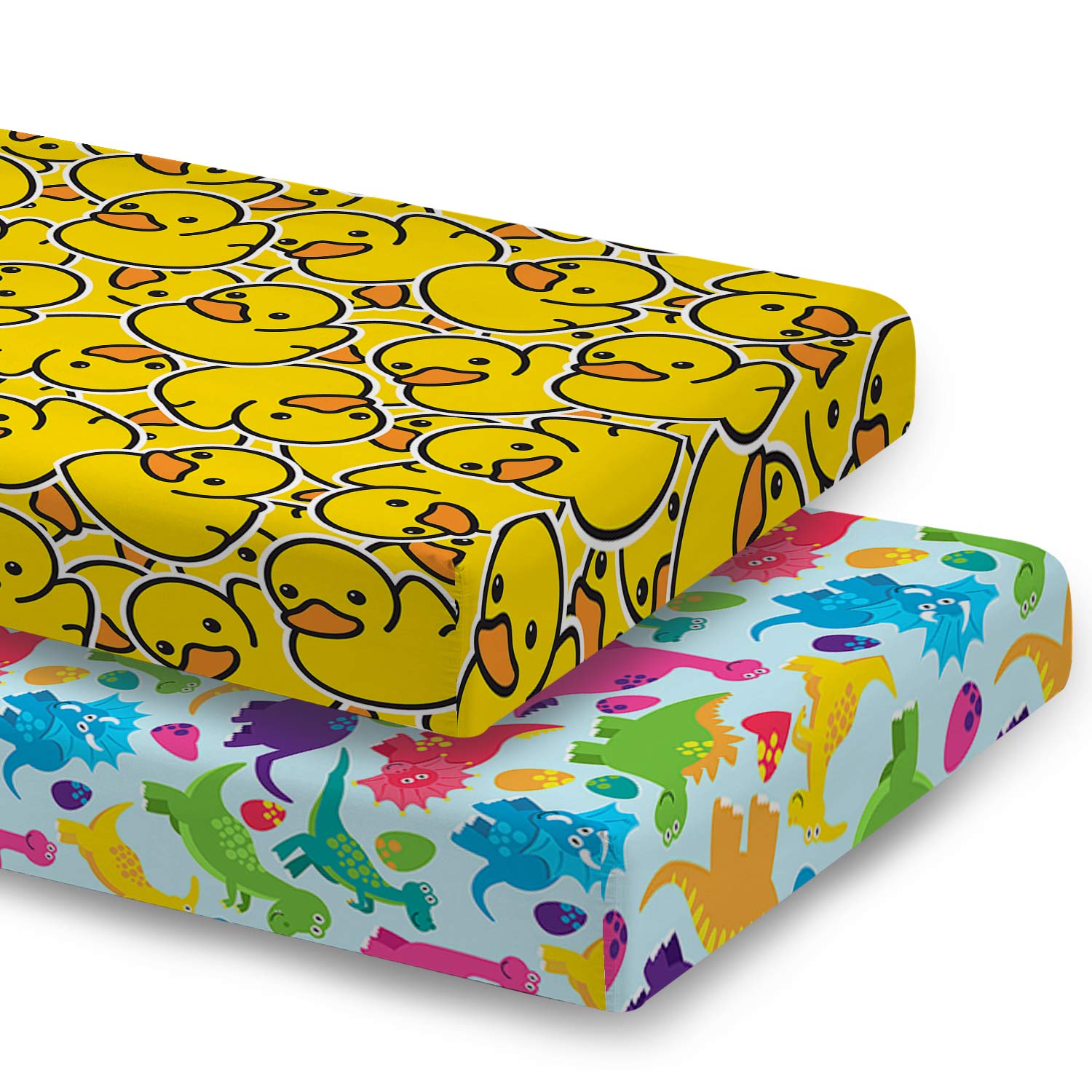 ARIGHTEX 2 Pack Fitted Crib Sheets, Soft Jersey Knit, Breathable and Hypoallergenic Baby Sheet, Duck and Dinosaur, Portable Mattress Topper for Boys Girls, 28"x 52", Nursery Sheet Fits Standard Size