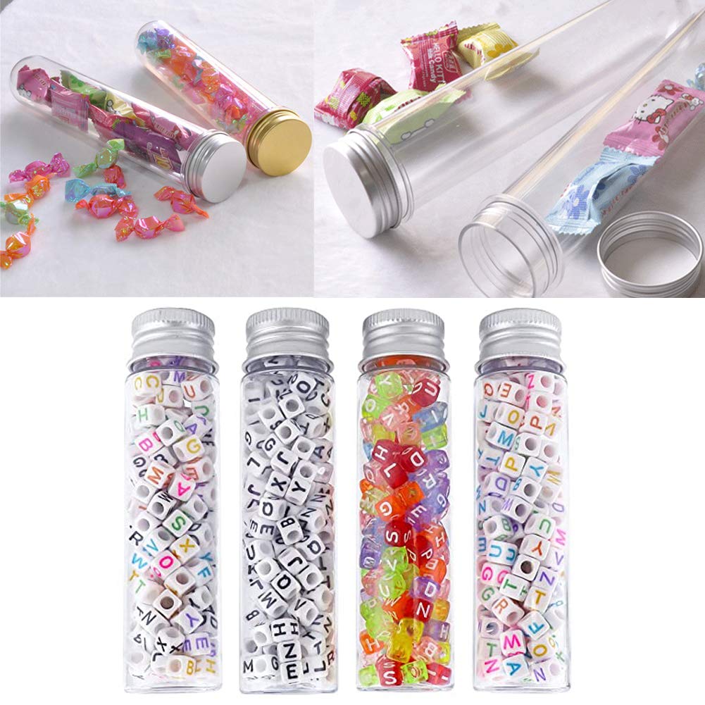 24 Pcs 50ml Flat-Bottomed Transparent Test Tube with Aluminum Screw Caps,Non-breakable Clear Plastic Organizer with Leak-proof Lids,Plastic Storage Tubes for Candy,Bath Salt,Granules and Liquids