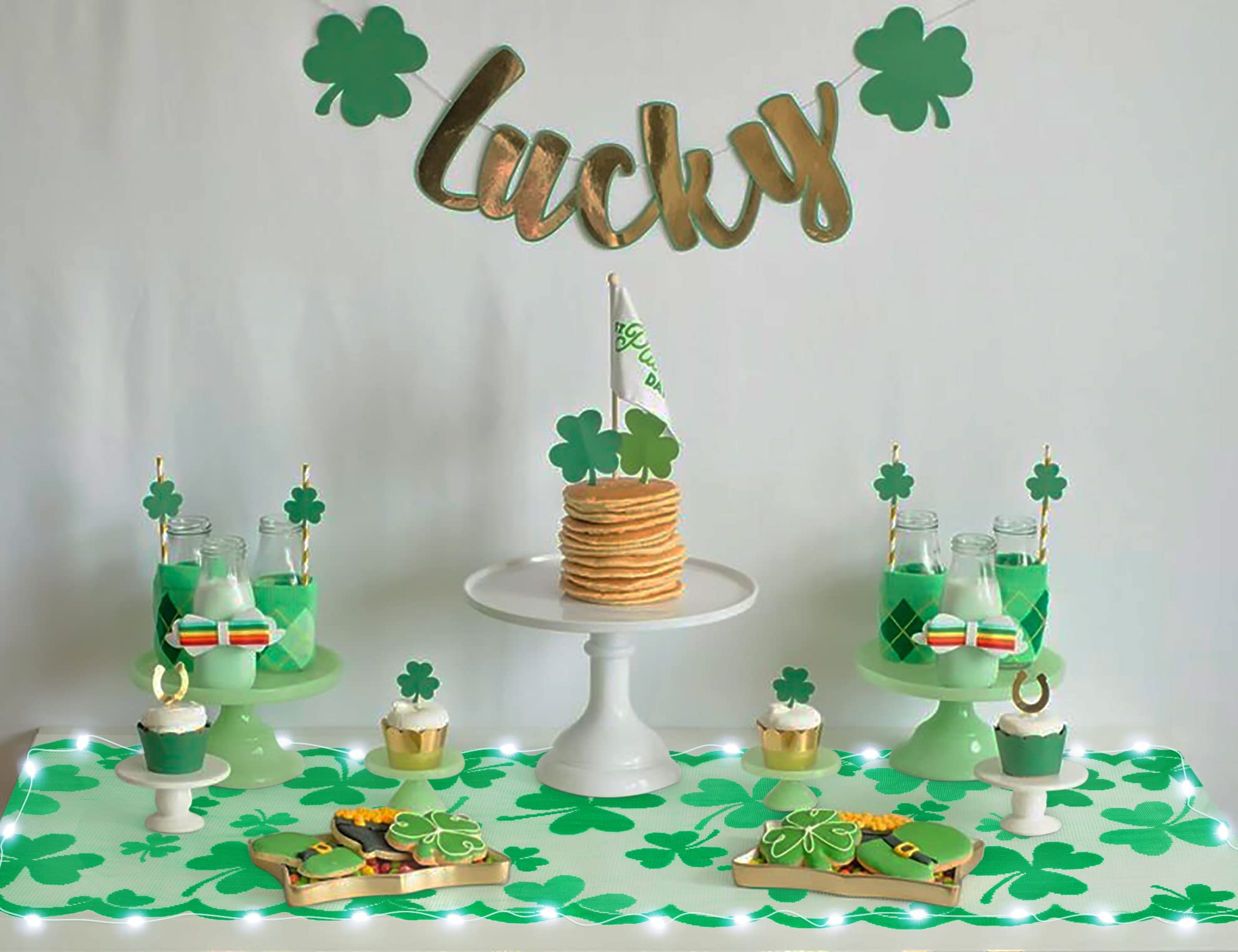 6PCS St Patricks Day Decorations Table Runners Placemats Saint Shamrock Green Lace Embroidered Irish Clover Party Decor Supplies,with 2 Light Strips