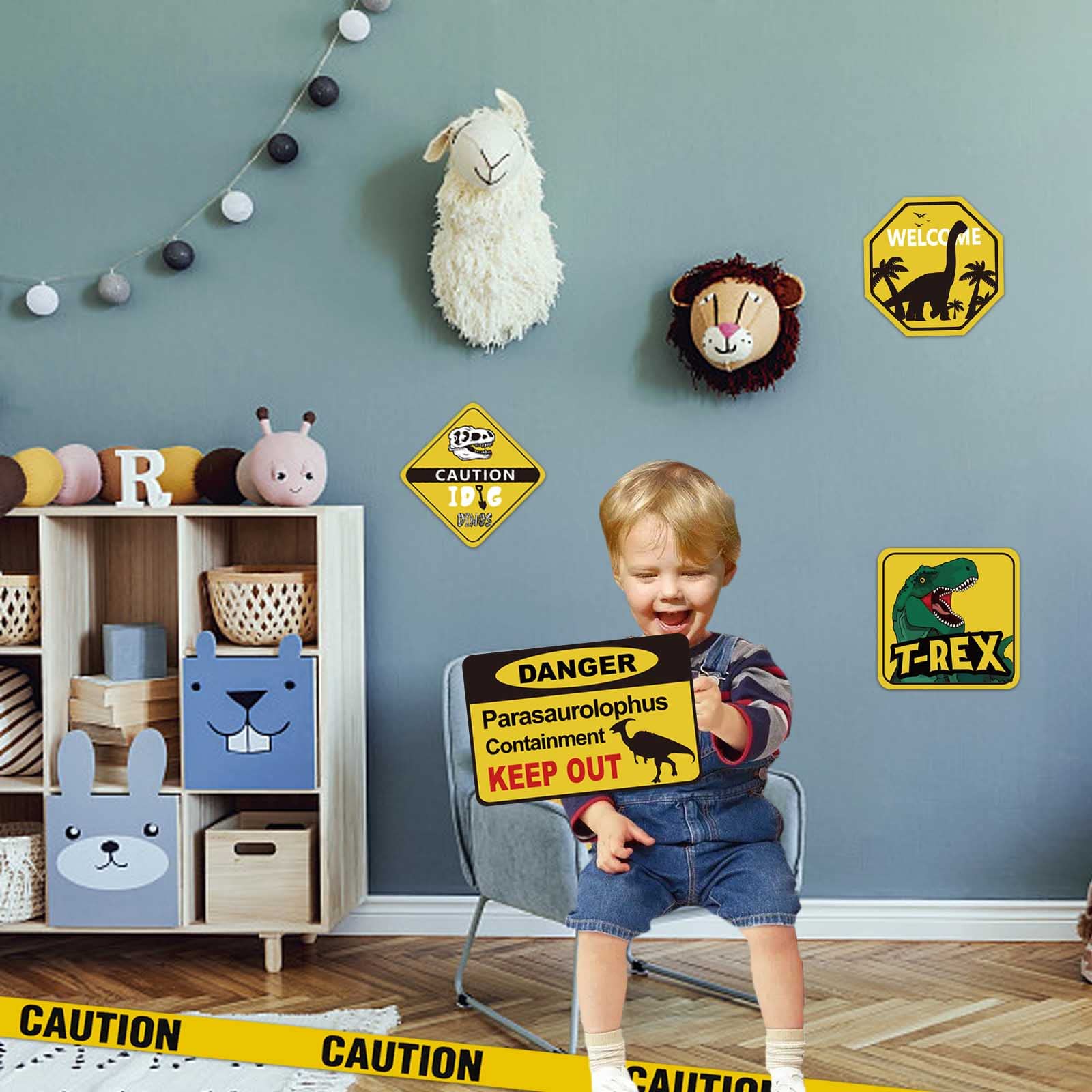13 pcs Dinosaur Birthday Party Supplies, Dinosaur Party Decorations for Boys Kid Birthday Party Baby Shower,11.8 inch Dinosaur Theme Party Wall Decor Signs with Yellow Caution Tape