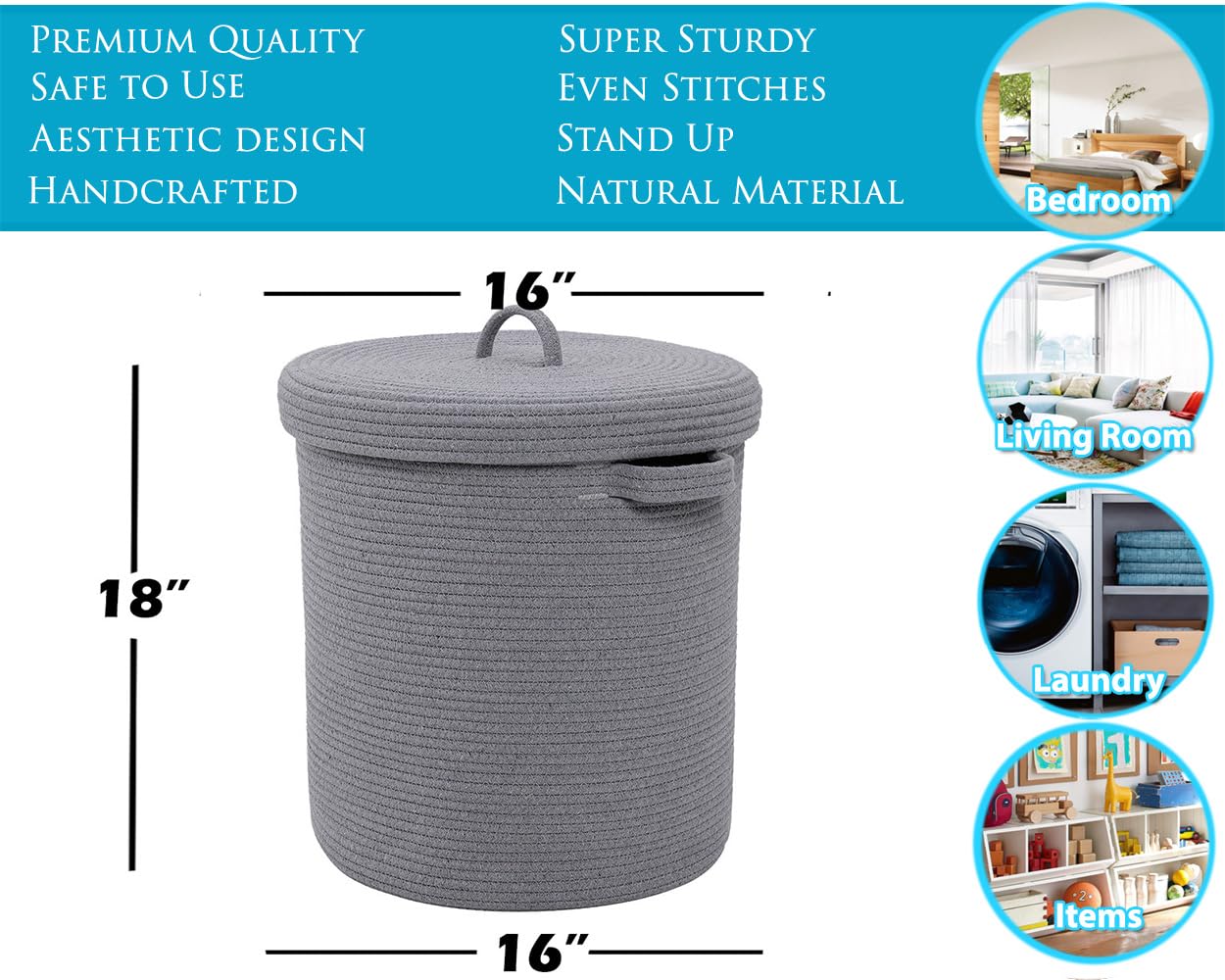 16" x 16" x 18" Extra Large Storage Basket with Lid, Cotton Rope Storage Baskets, Laundry Hamper, Cloth Bin, for Clothes Towels Blankets Pillows Storage in Living Room, Large Basket Grey with Cover