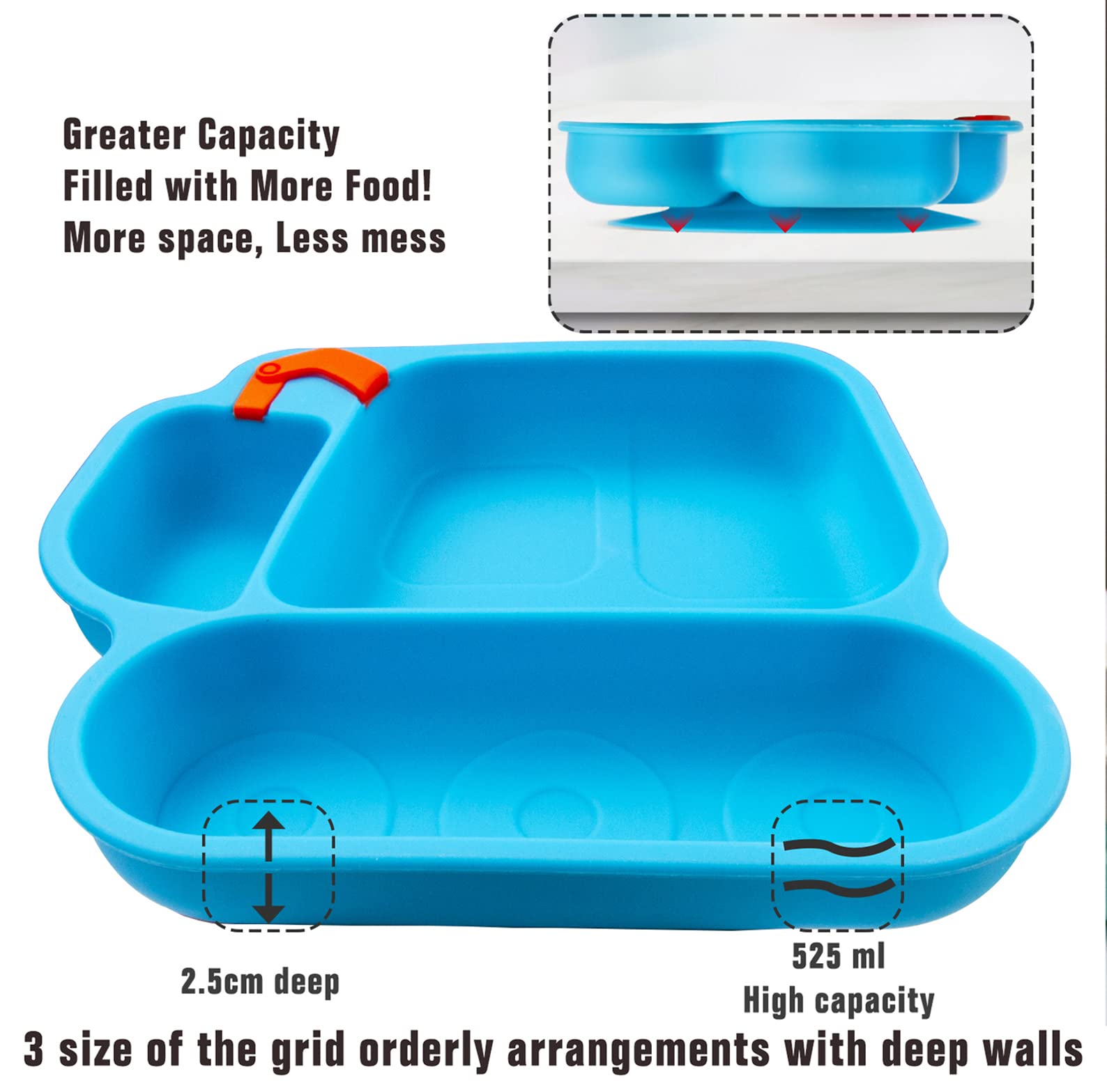 Baby Plate Silicone Divided, Suction Toddler Plates Dishes for Toddler Kids Self Feeding, BPA Free, Microwave & Dishwasher Safe (Bue)
