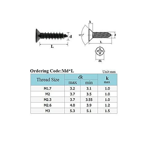 100pcs Self Tapping Screws M1.7 M2 M2.3 M2.6 M3 Laptop Screws Computer Screws Small Philips Pan Head Black Carbon Steel DUO ER (Length : 8mm, Size : M2.3)