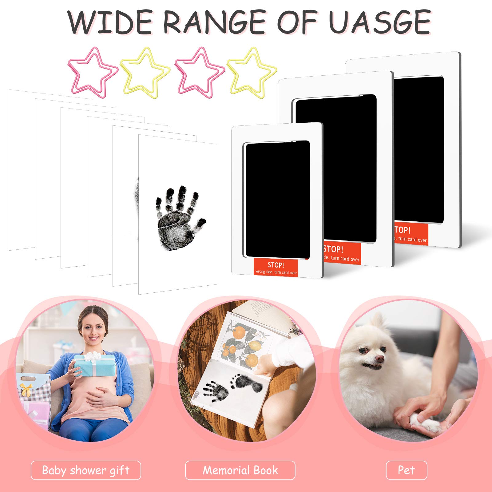 13 Piece Large and Medium Baby Inkless Handprint Footprint Kit Include 3 Clean Touch Ink Pad 6 Imprint Card and 4 Star Shaped Paper Clip Paw Stamp Print Keepsake Kit for Infant Newborn Birth Registry