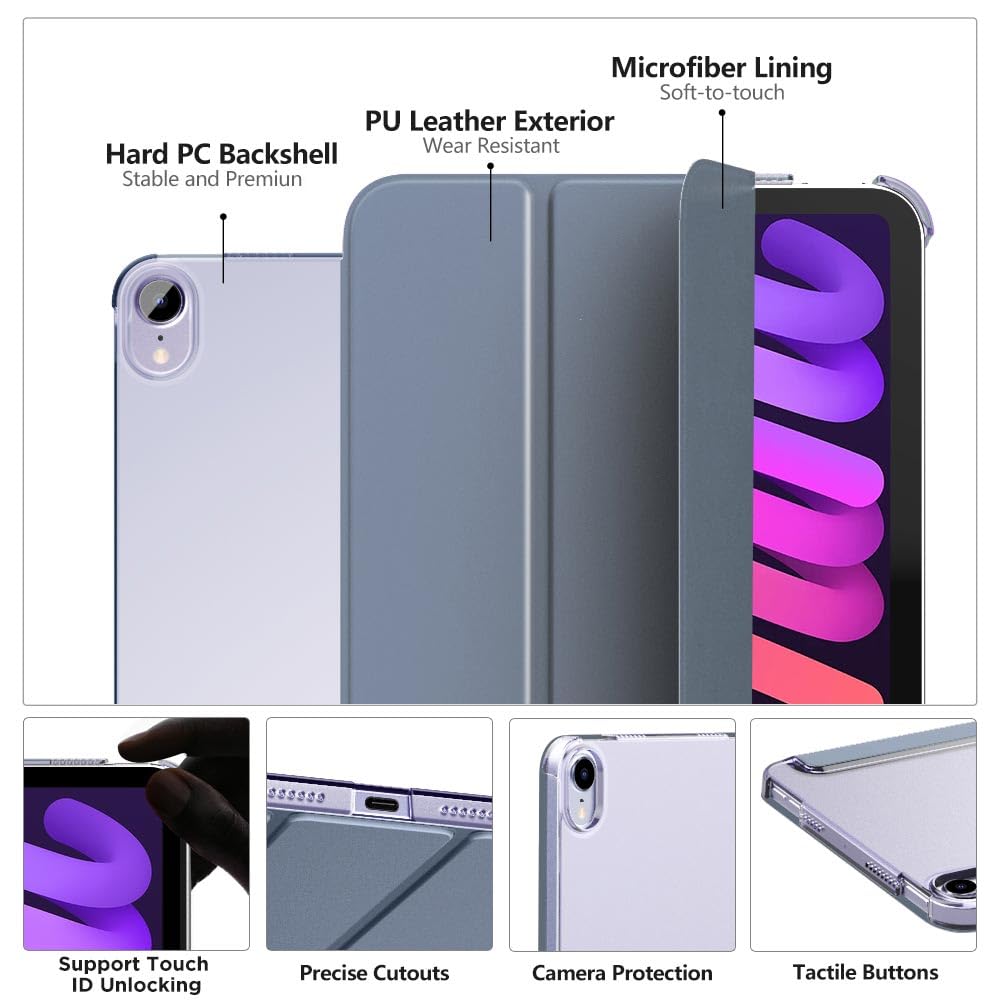 MoKo for iPad Mini 7 (A17 Pro) Case 2024,iPad Mini 6 Case 2021,8.3-inch iPad Mini 7th/6th Generation Case,Slim Lightweight Hard Back Shell Stand Cover for iPad Mini 2024 with Touch ID, Grey Purple
