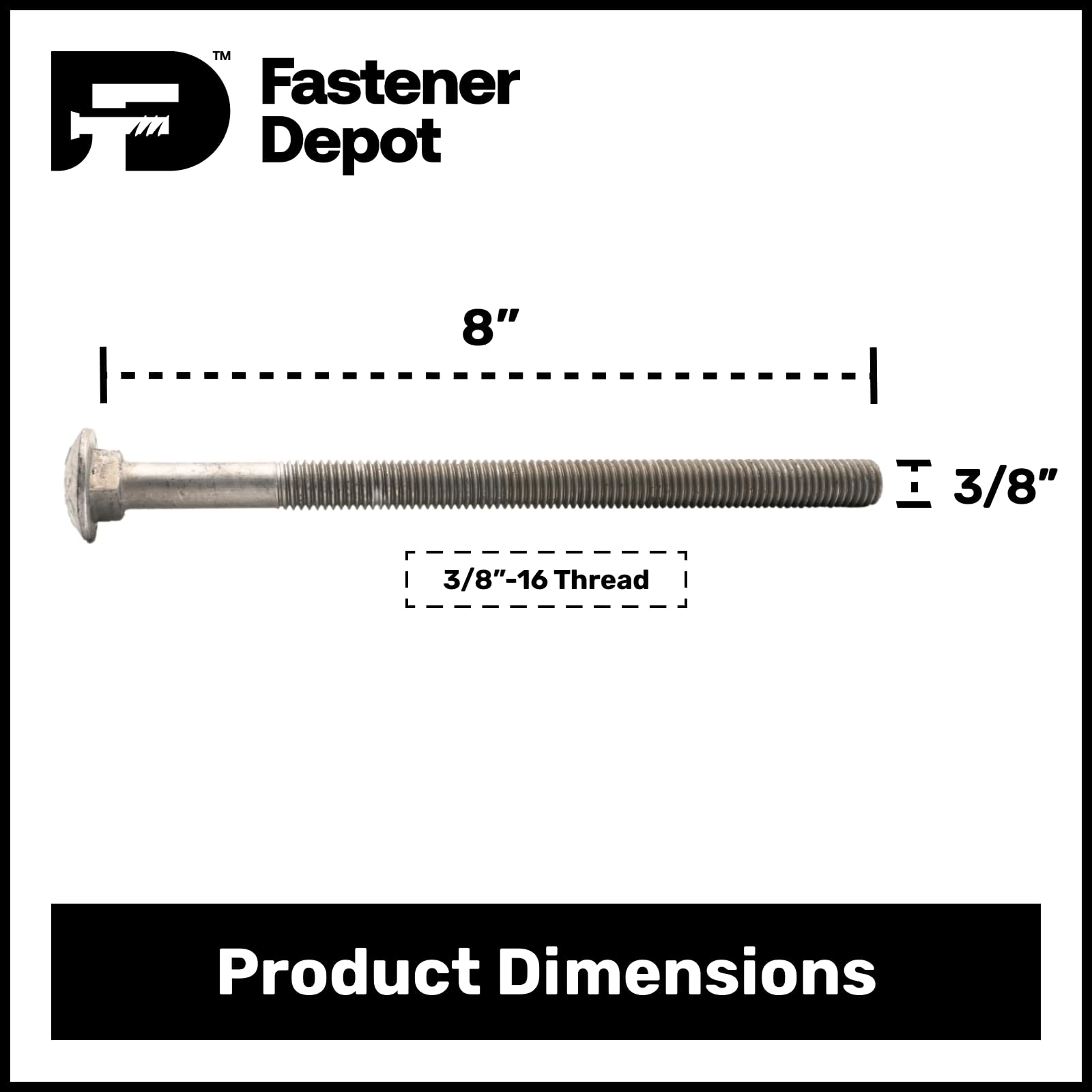 3/8"-16 x 8 Hot Dipped Galvanized Carriage Bolt w/Nuts & Flat Washers, Grade A, 6" of Thread, Quantity 25 - by Fastener Depot, LLC