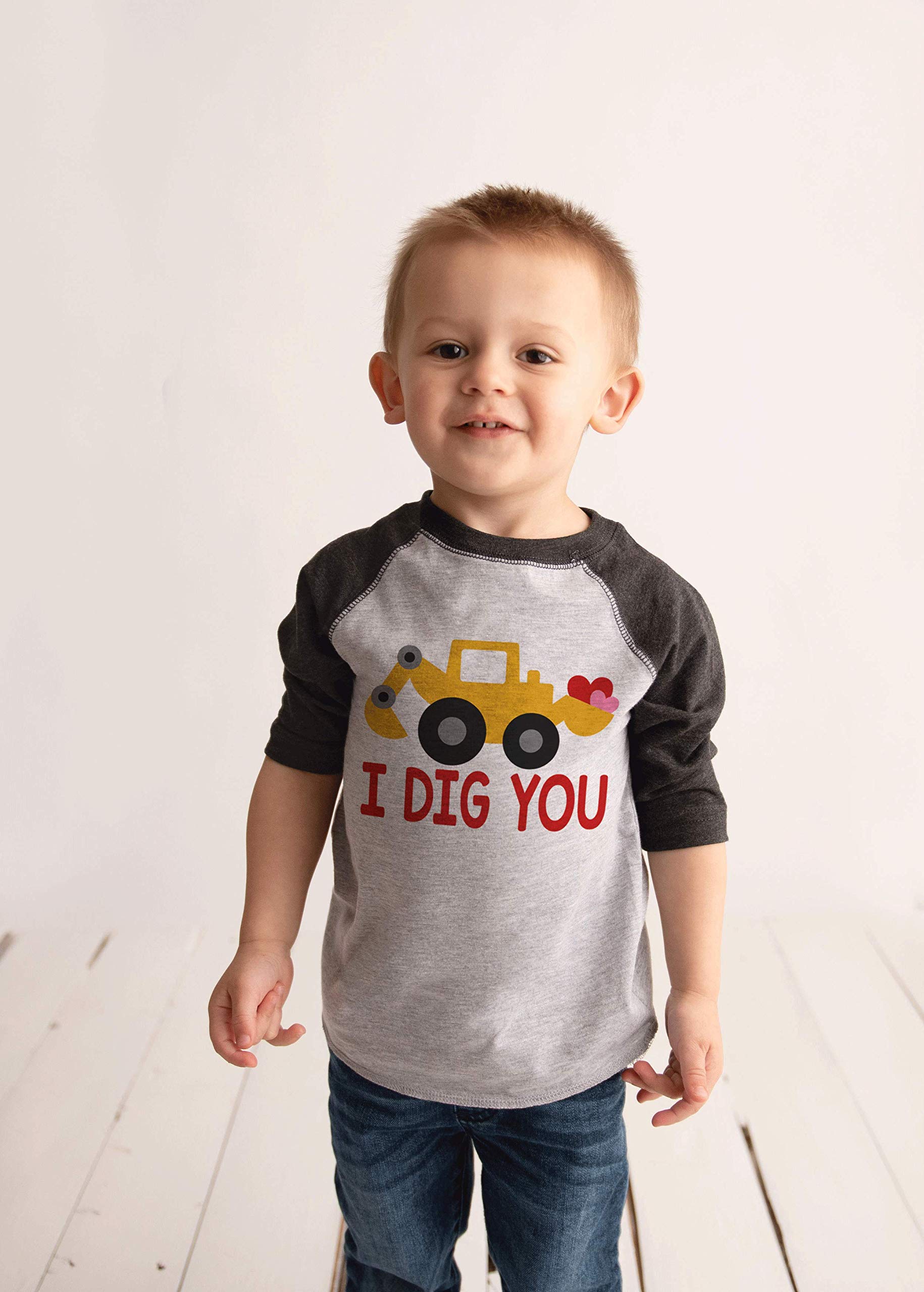 7 ate 9 Apparel Kid's I Dig You Construction Truck Valentine's Day Grey Raglan Shirt 3T