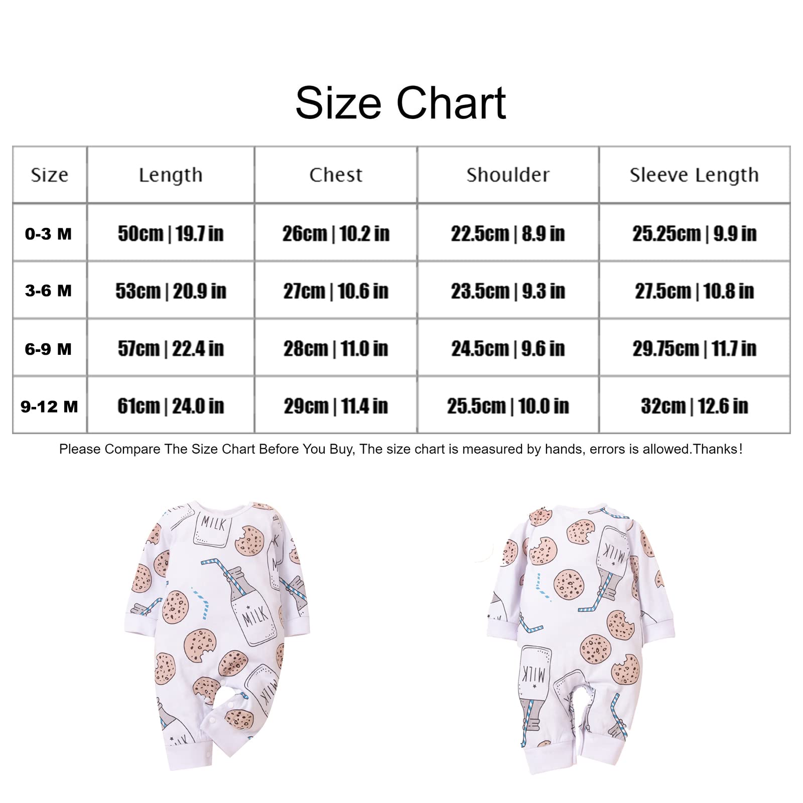 Aiabaleaft Baby One Piece Romper Bodysuit Jumpsuit Long Sleeve MilkCookies Bodysuit 0-12M White, 0-3 Months