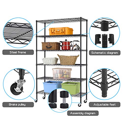 HCB 6-Tier Storage Shelf Heavy Duty Wire Shelving Unit 82"x48"x18" Height Adjustable Metal Steel Wire with Casters for Restaurant Garage Pantry Kitchen Rack (Black)