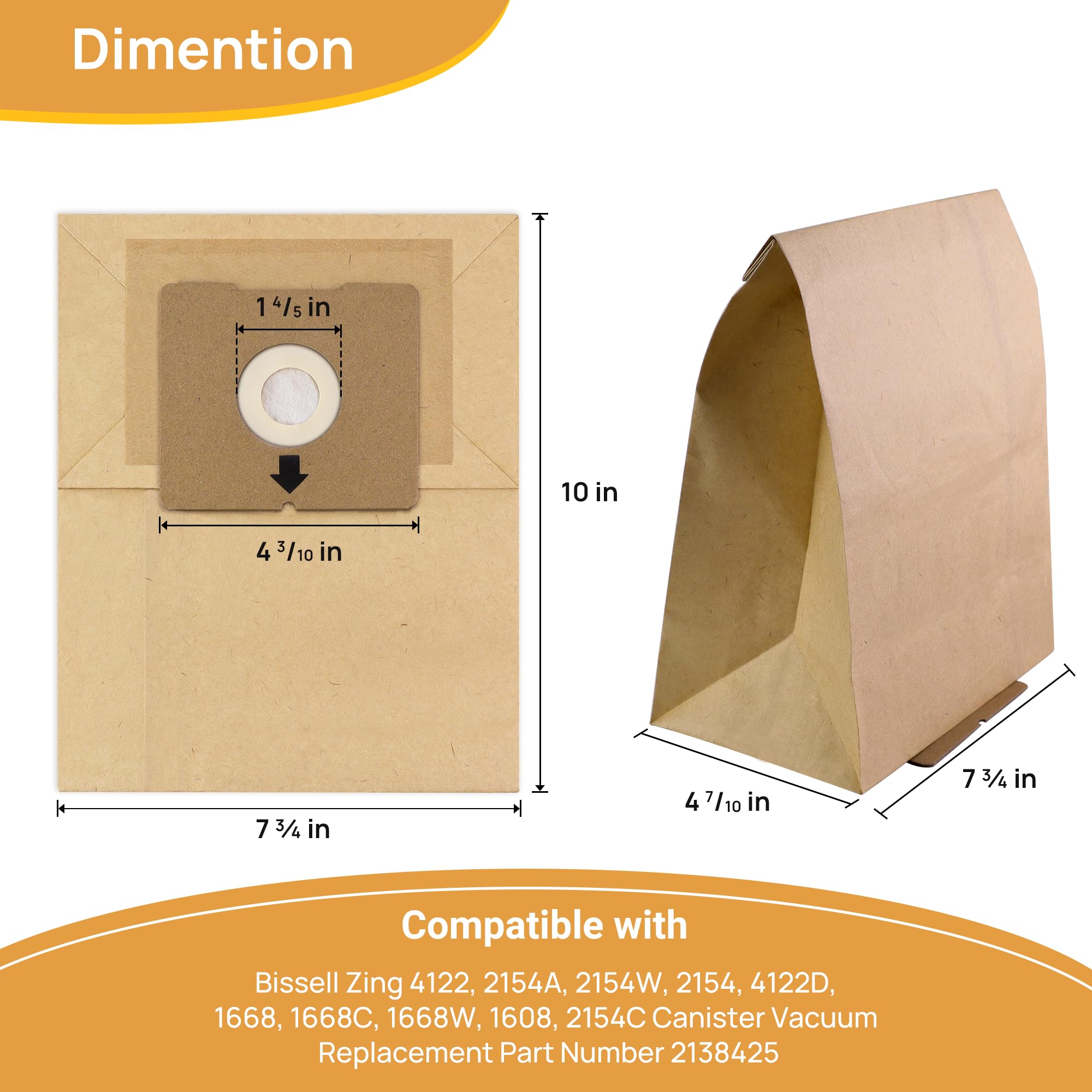 10 Pack Replacement Vacuum Cleaner Bags for Bissell Zing 4122 Series, 2154A, 2154W, 4122D, 2154,1668, 1668W Canister Vacuum, Part # 2138425, 213-8425
