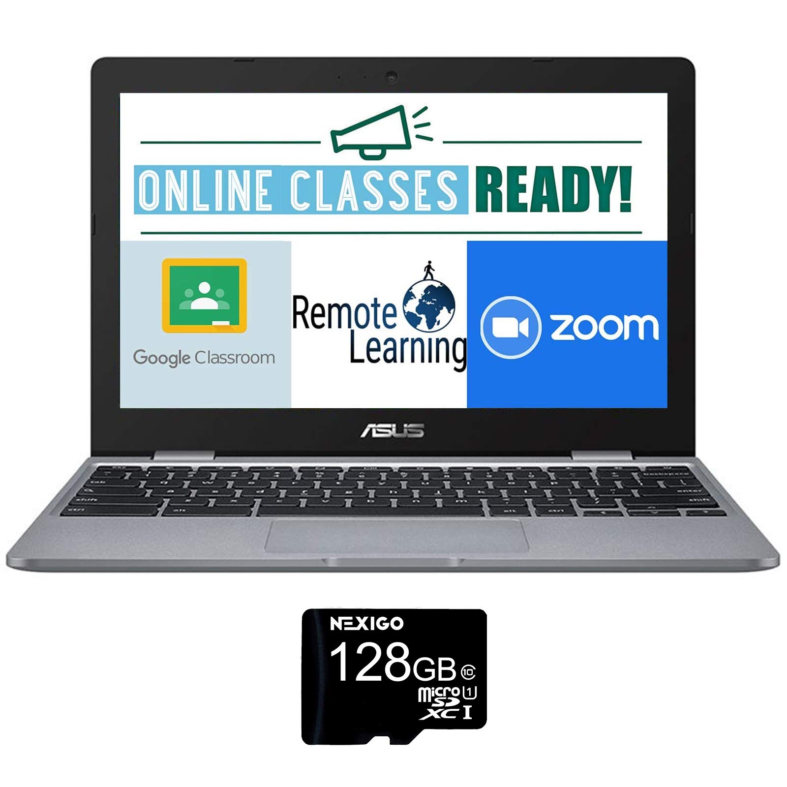 ASUS 2022 Premium Chromebook 11.6 Inch Laptop with Webcam| Intel Celeron N3350 up to 2.4 GHz| 4GB RAM| 16GB eMMC| Bluetooth| WiFi| Chrome OS + NexiGo 128GB MicroSD Card Bundle