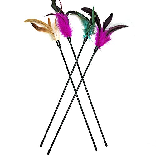 Cat Wand Toys, 4 PCS Interactive Cat Teaser Wand Cat Feather Toys with Loud Bell - 20" Long Wand for Cat and Kitten