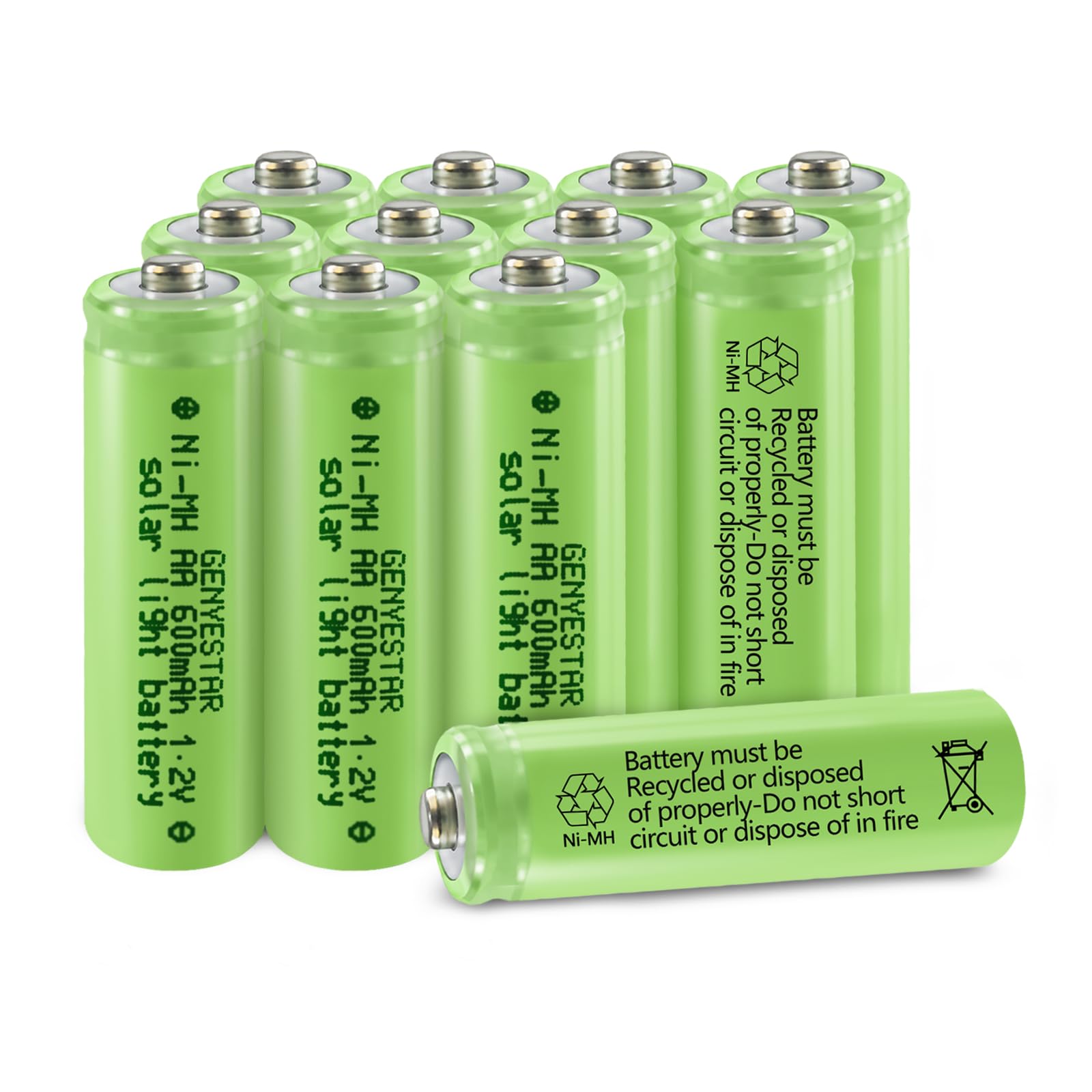 GENYESTAR AA Rechargeable Batteries NiMH 1.2V 600mAh Double A Battery Pre-Charged for Solar Garden Lawn Landscaping Lights Lantern Remotes Toys Home Device, 12 Pack