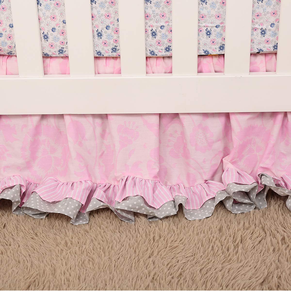 7 PCs Pink Embroidery Butterfly Nursery Crib Bedding Set 100% Cotton Baby Girl 3D Butterfly Themed Cot Bedding Set 1 Quilt, 1 Skirt, 1 Fitted Sheet, 1 Window Valance, 3 Butterfly Shaped Wall Decor