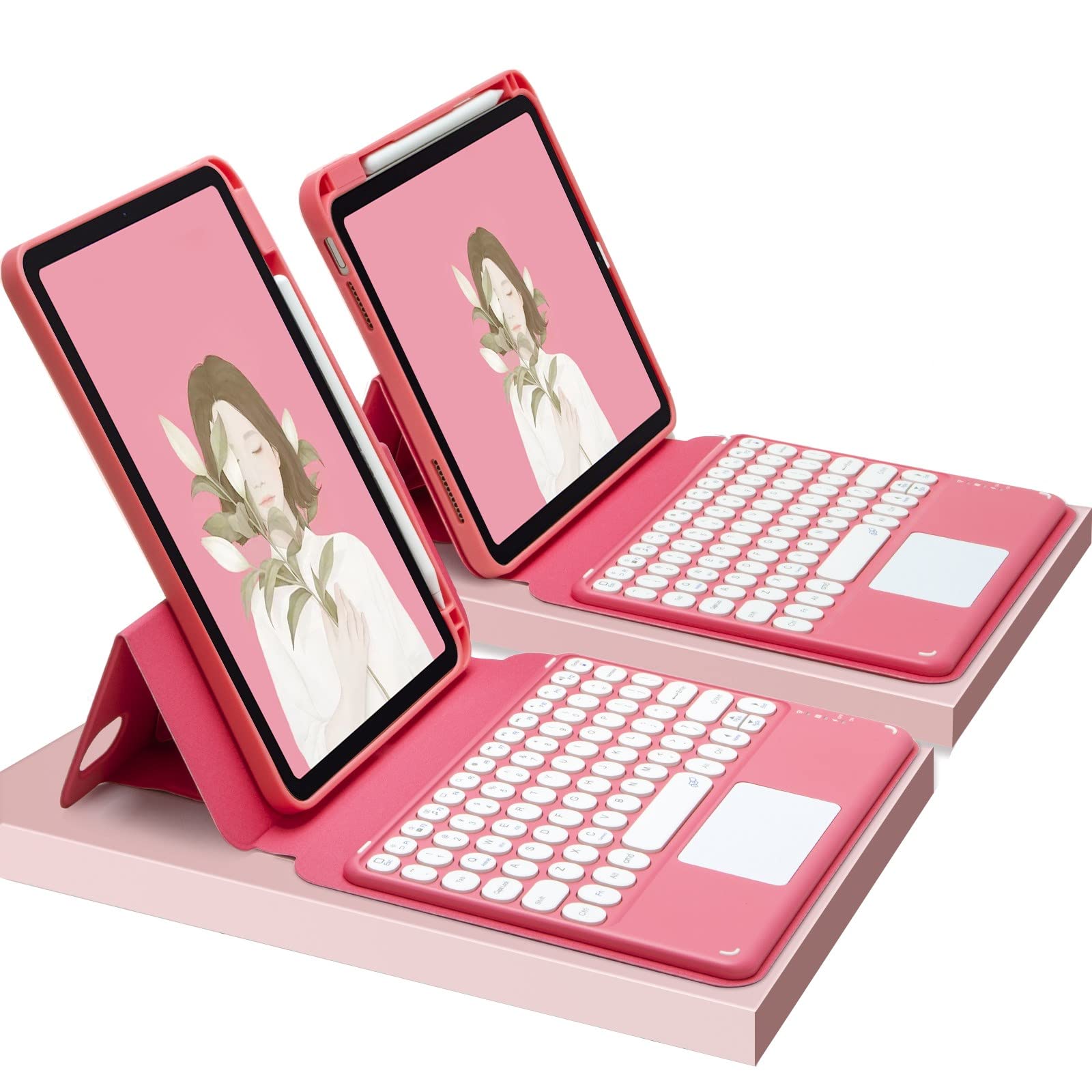 HENGHUI Magnetic iPad 10th Generation Keyboard Case with Touchpad Cute Color Keyboard Vertical Stand Movable Clear Back Case Detachable Keyboard (Dark Pink)