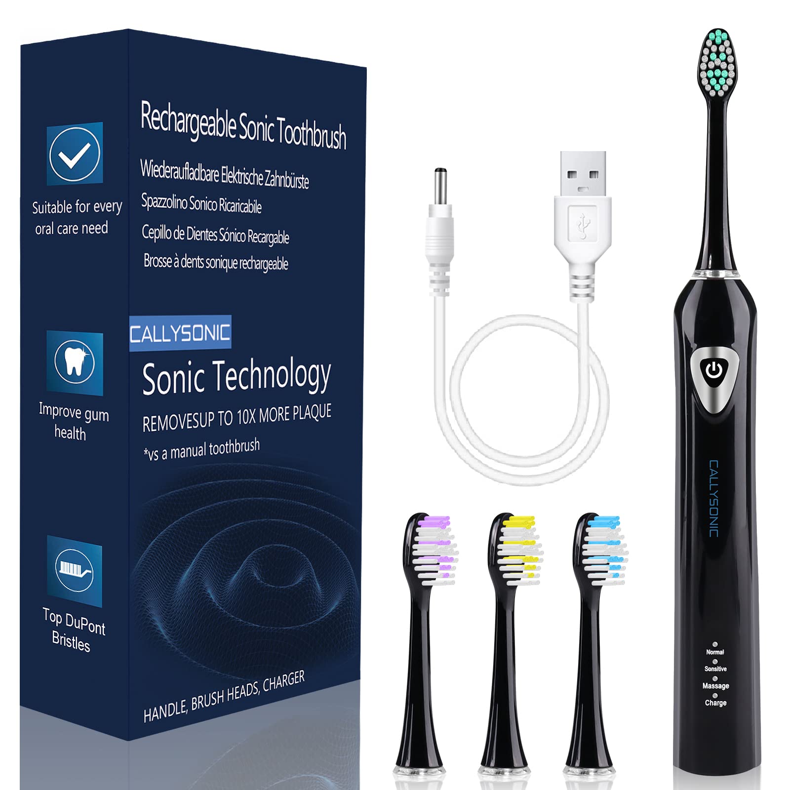 CALLYSONIC Sonic Rechargeable Electric Toothbrush, 48,000VPM Rechargeable Toothbrushes with Normal, Sensitive, Massage Modes, 4 Replacement Brush Heads for Adults Kids - Black