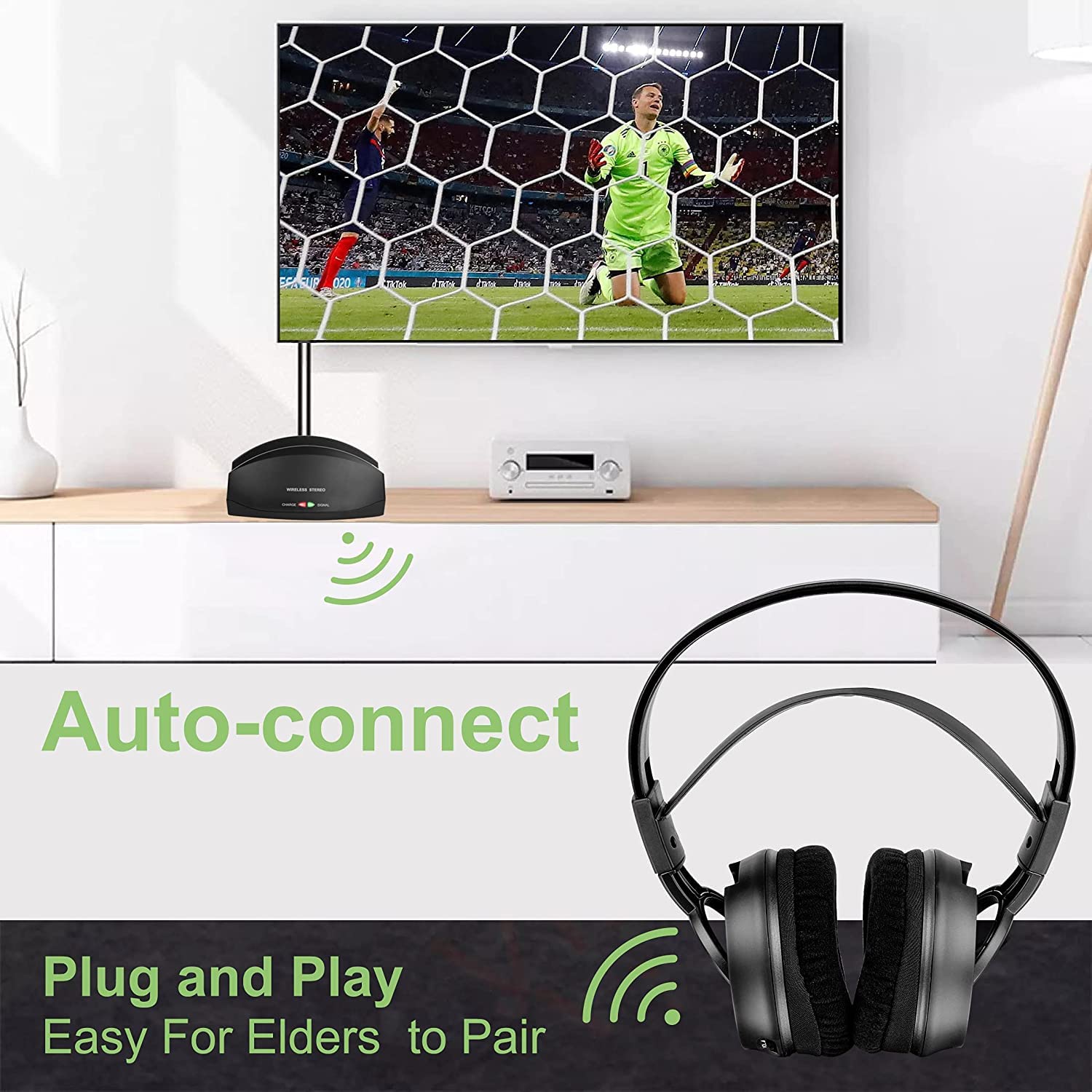 ANSTEN Wireless Headphones for TV Watching, Over Ear Headsets with RF Transmitter Charging Dock with 3.5 mm AUX/RCA, Rechargeable Stereo TV Wireless Headphone,164 ft Work Rang, No Audio Delay